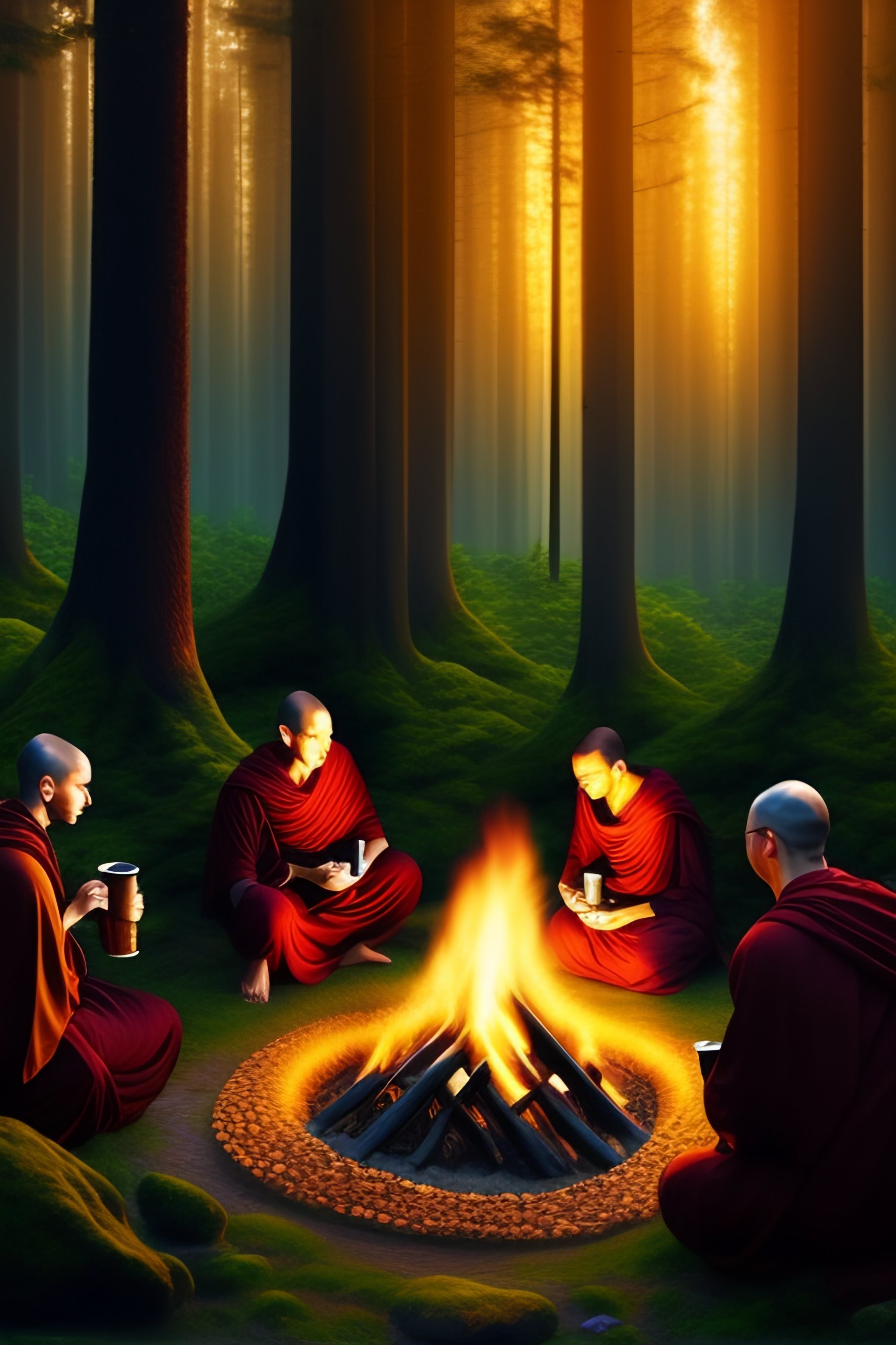 Lexica - Three monks in a dark forest sit around a fire and drink tea
