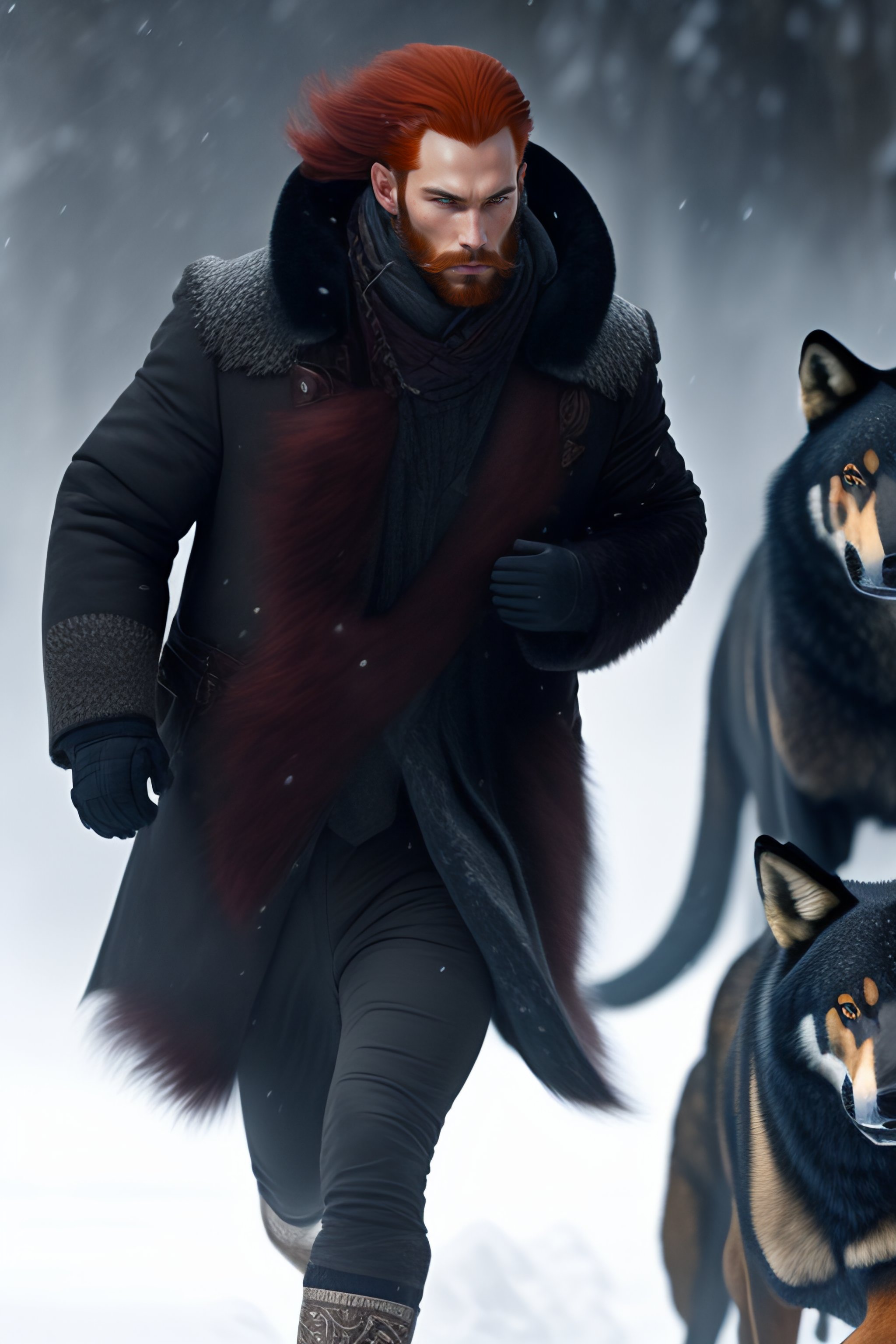 Lexica - Red haired man dressed in furs running with a pack of black ...