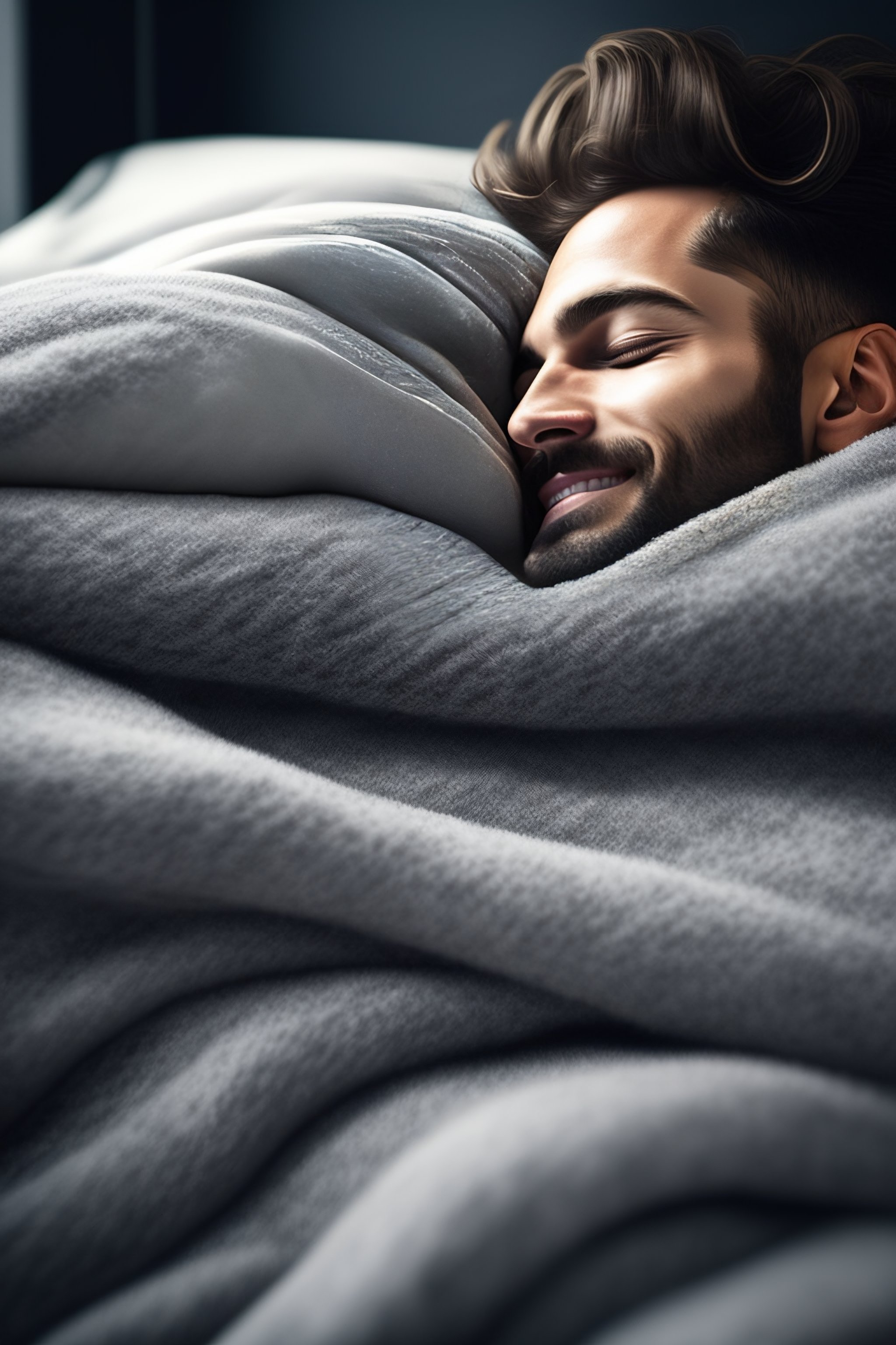 Lexica - Happy man who is sleeping deeply with an amazing gray blanket ...