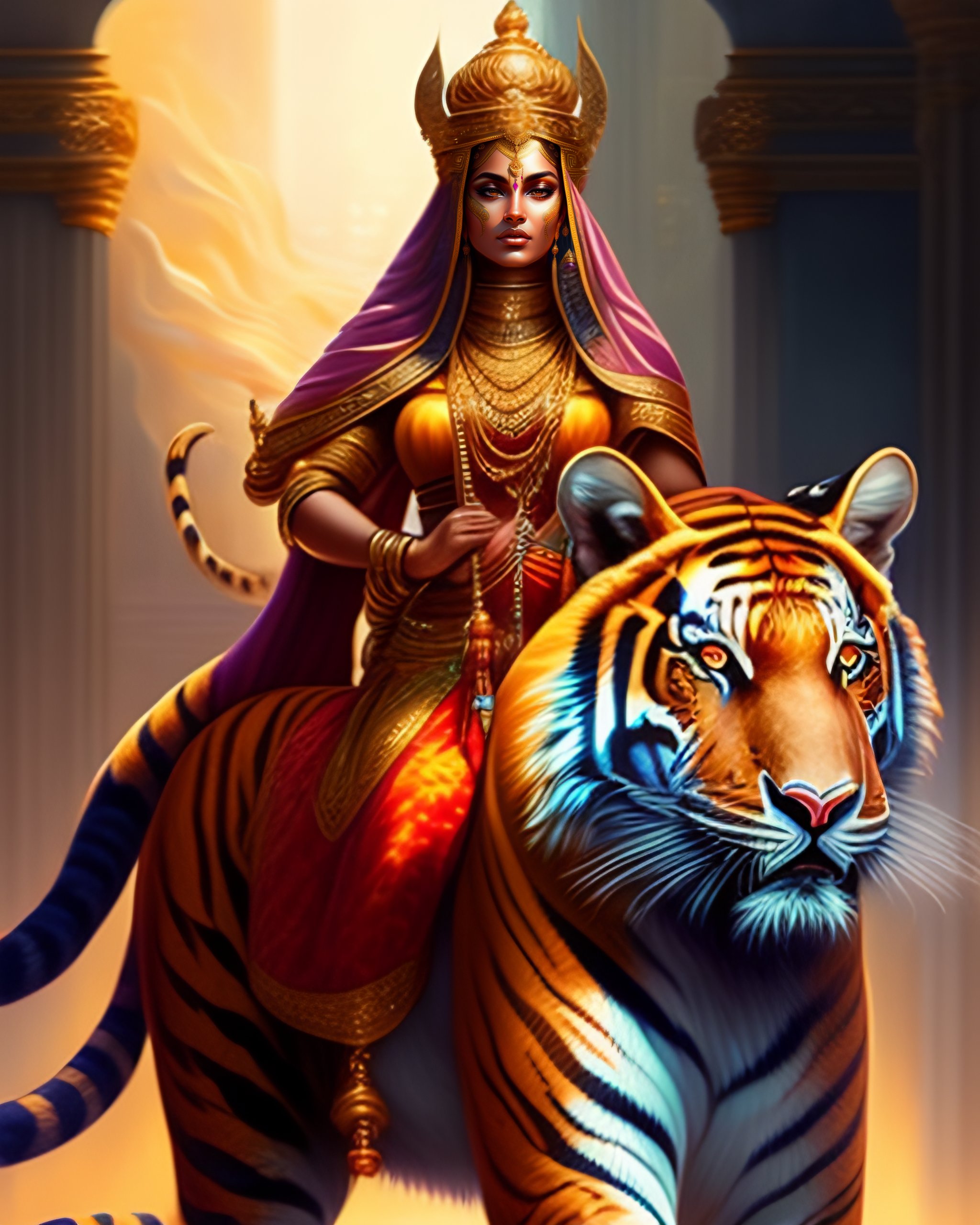 Lexica - Image of goddess durga riding tiger,hijab, d & d, beautiful, renaissance, fantasy ...
