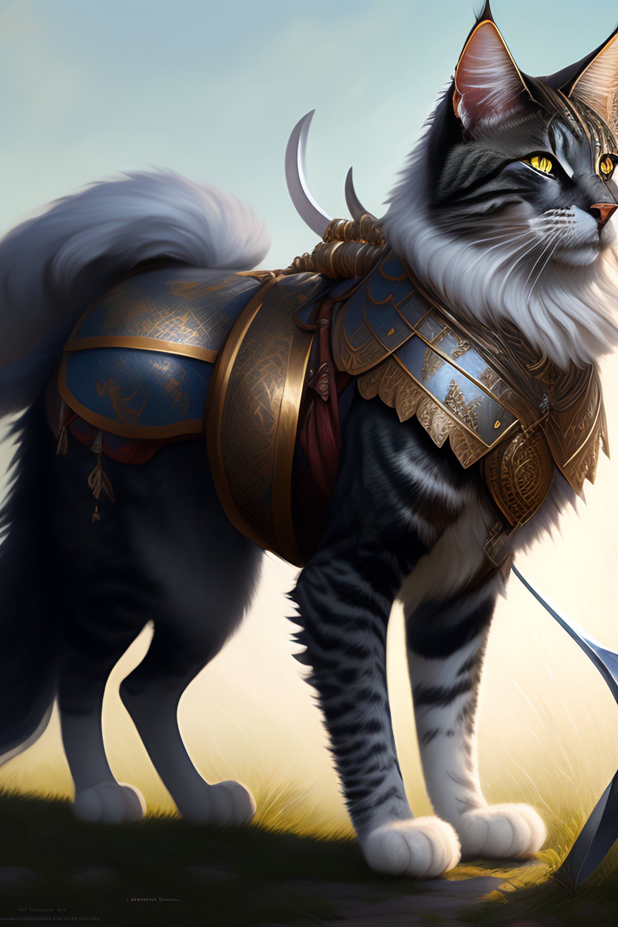 Lexica - A detailed full length of grey mainecoon cat in armor with ...