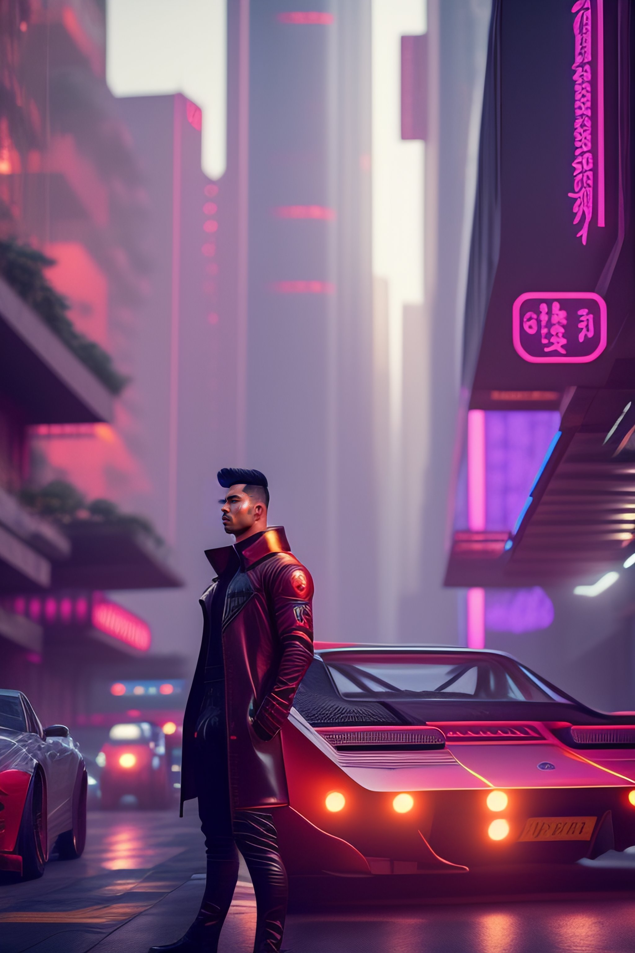 Lexica - Handsome man poses with his car, cyperpunk industry cool man ...