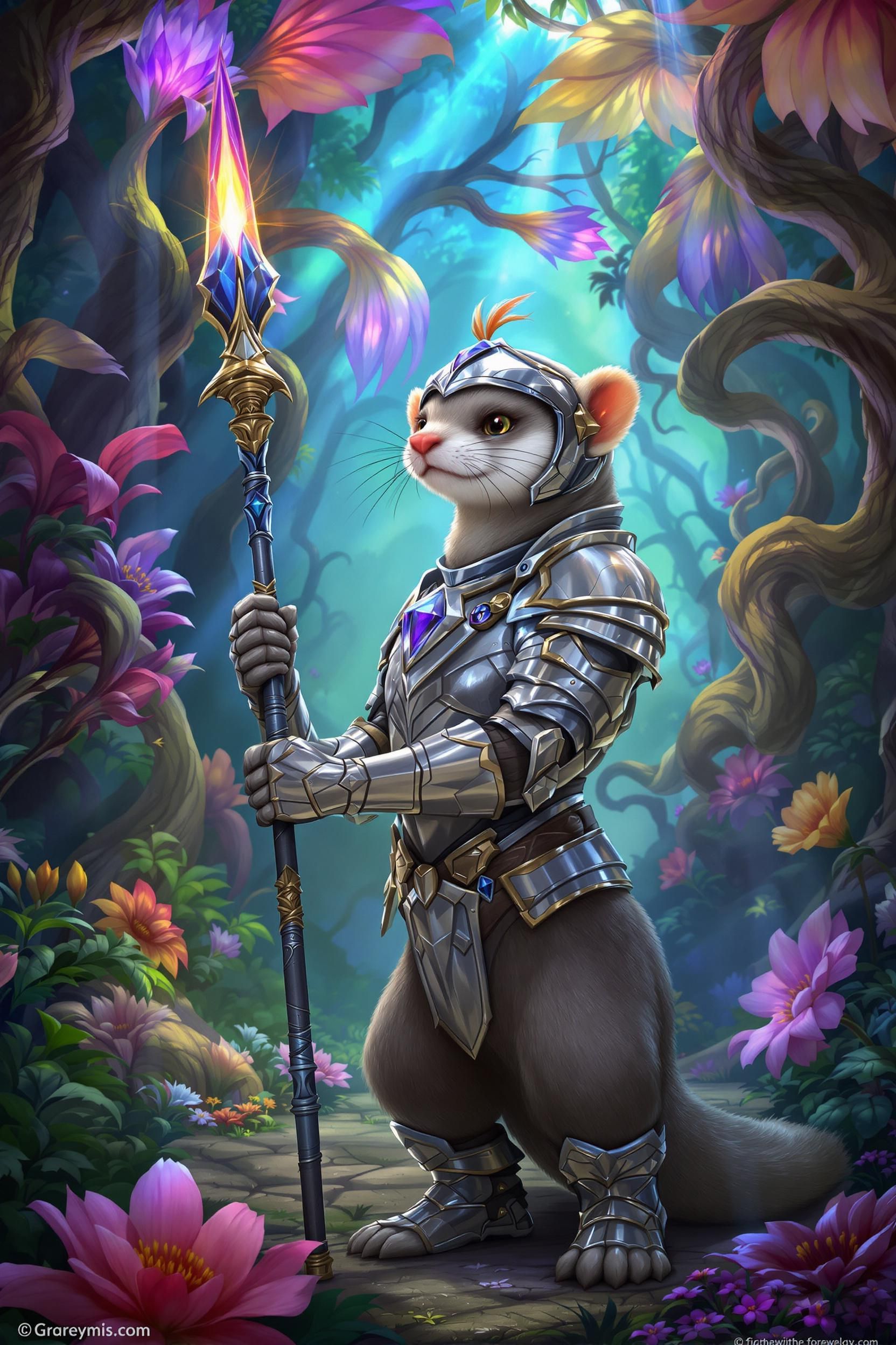 Lexica - A ferret in knight's armor, in a fantasy forest. Keep the ...
