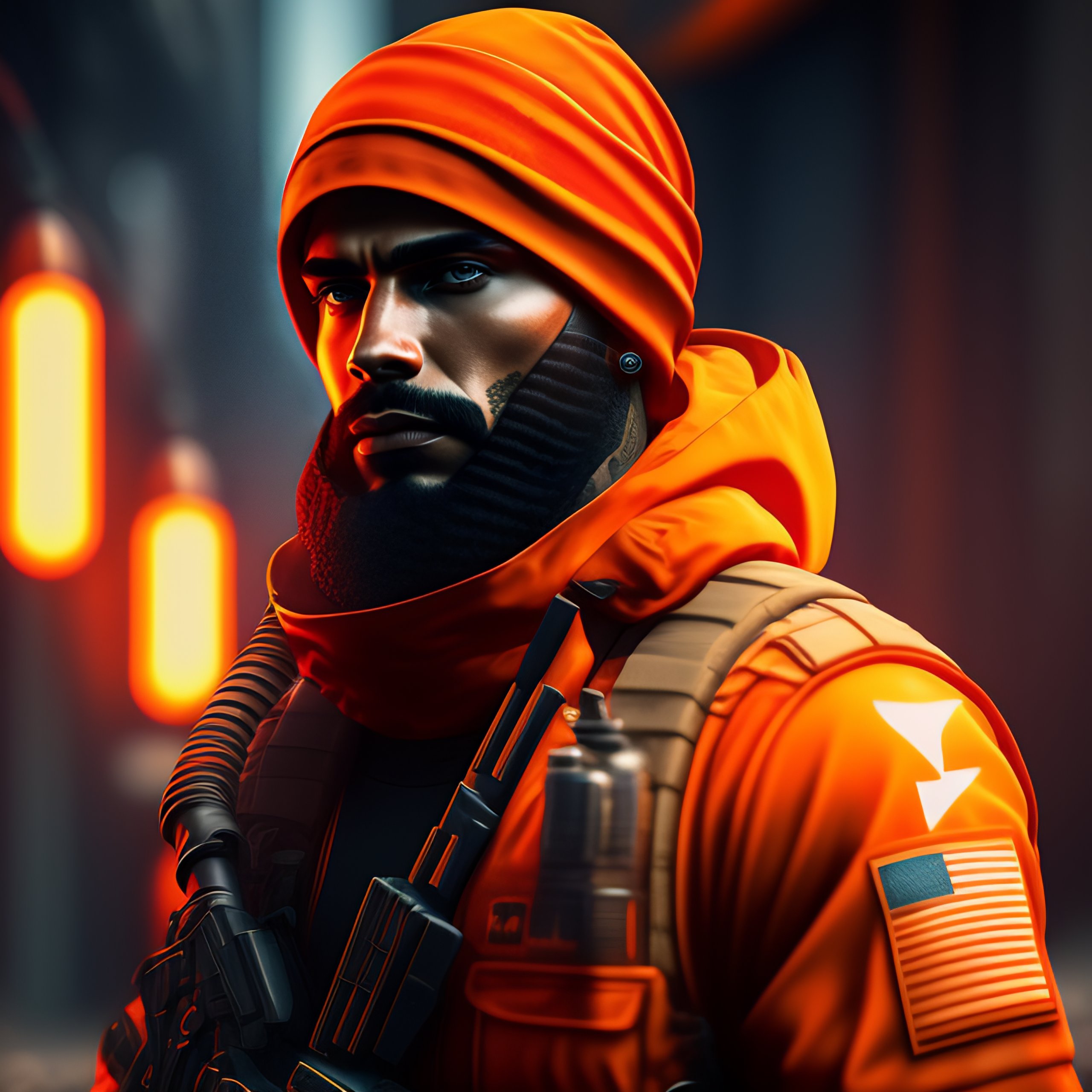Lexica - CS-GO terrorist man, with bandana, tattoo in the body, hollographic orange details ...