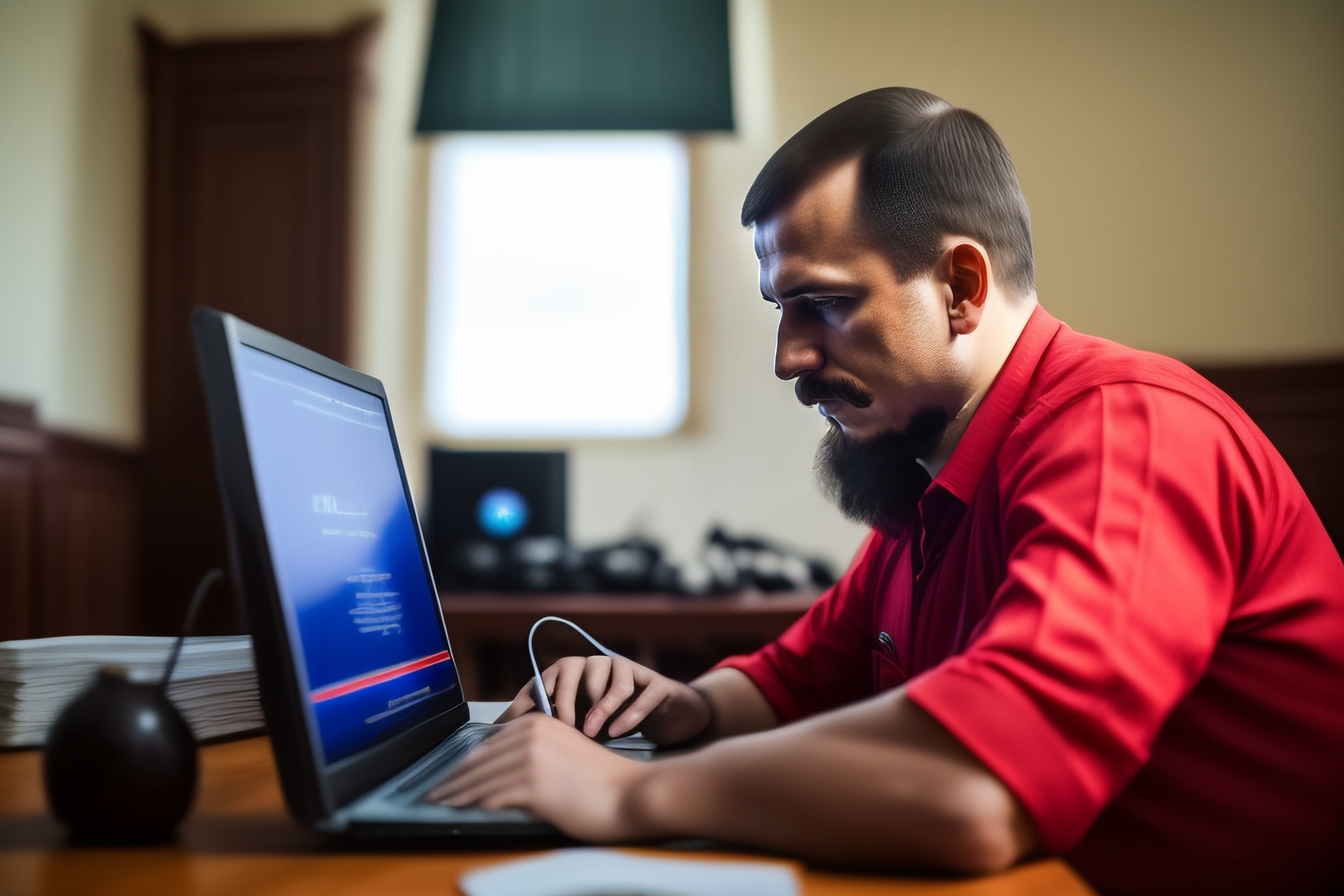 Lexica - Belarusian programmer in Vyshyvanka is working on his laptop