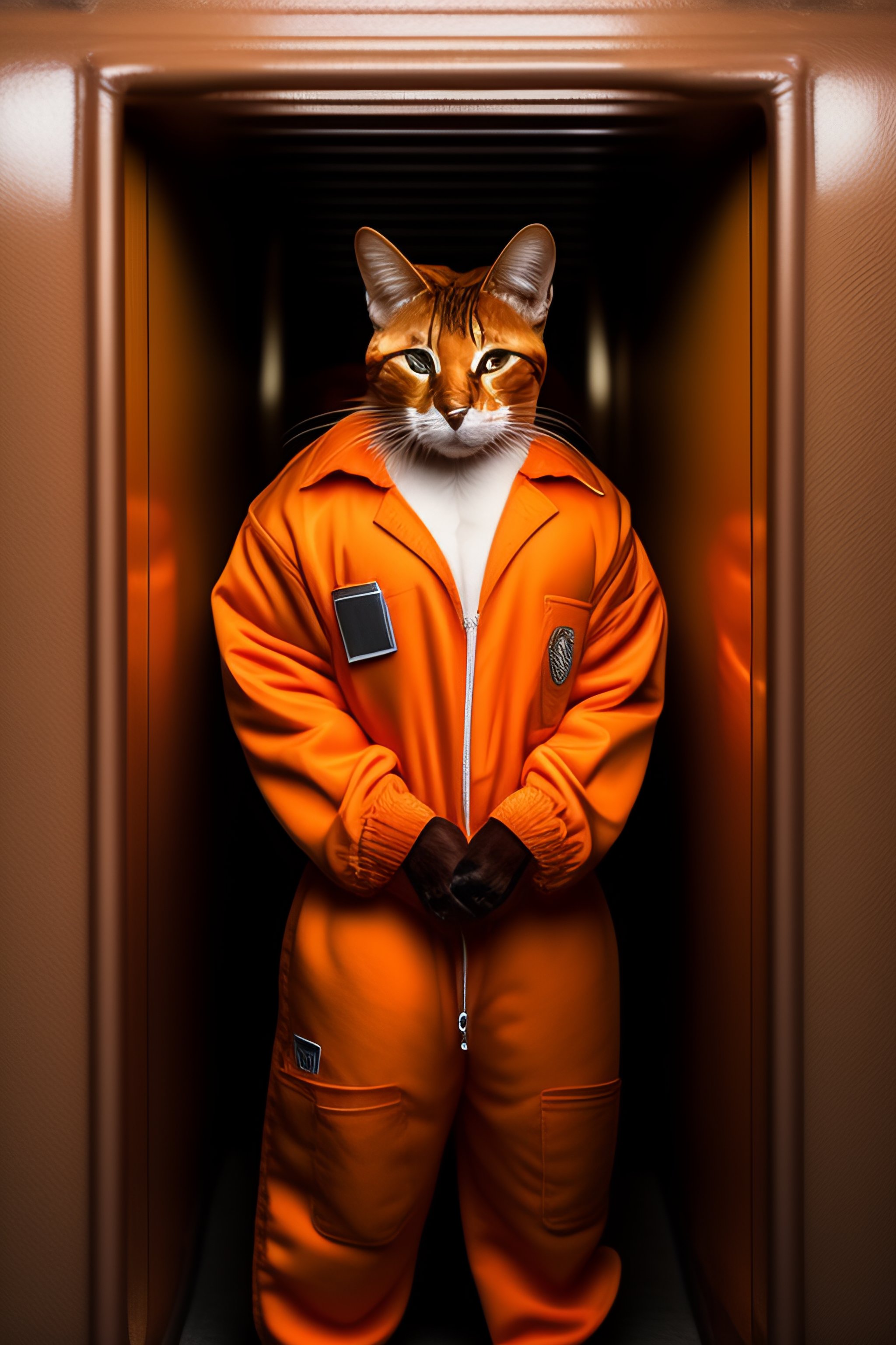 Lexica - A humanoid havana brown cat wearing inmate orange jumpsuit ...