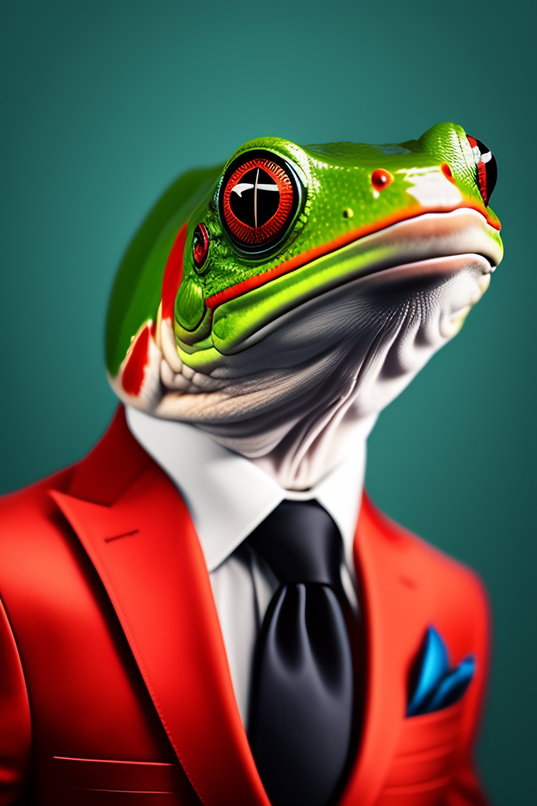 Lexica - A red eyed tree frog head wearing a suit holding a silencer