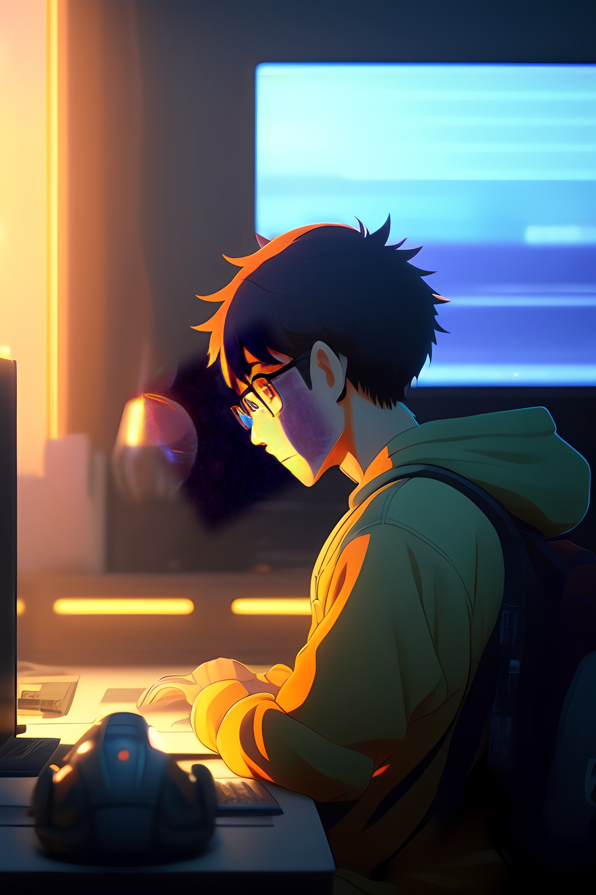 Lexica - A nerdy boy is programming at a computer in a room full of ...