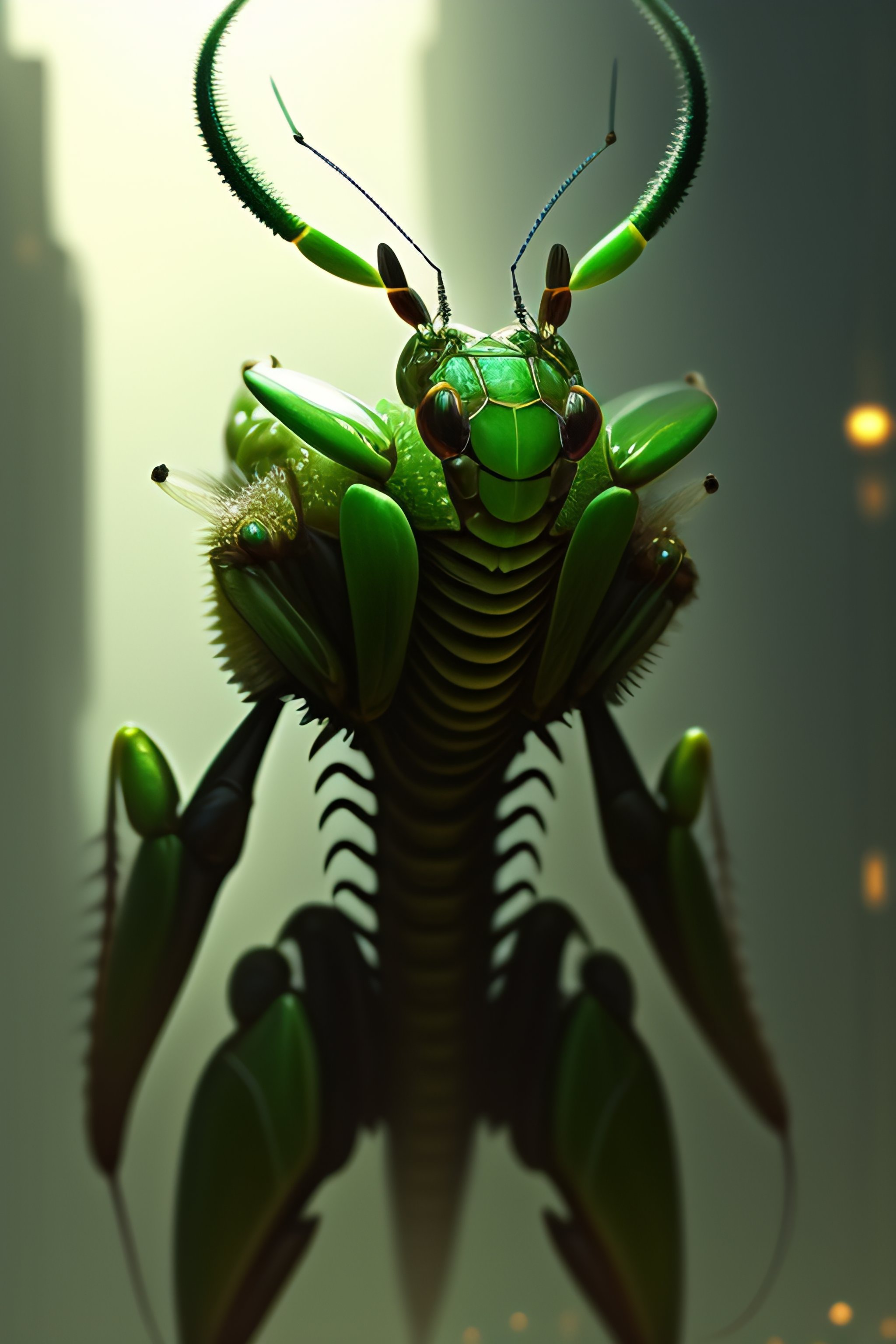 Lexica - Full body shot a of green man - mantis ; head with antennae ...