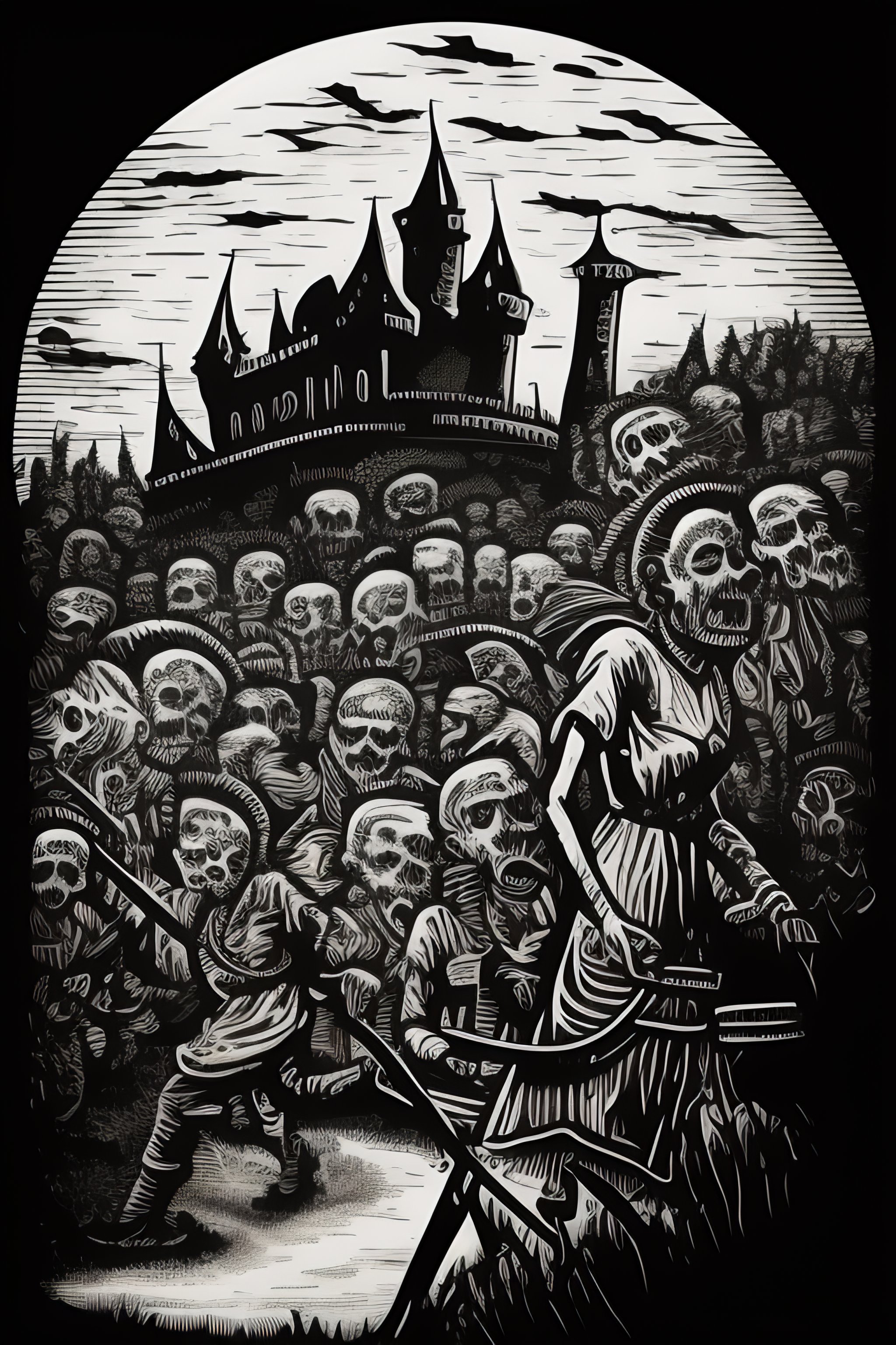 Lexica - Voodoo zombies marching towards a castle, lino print, black ...