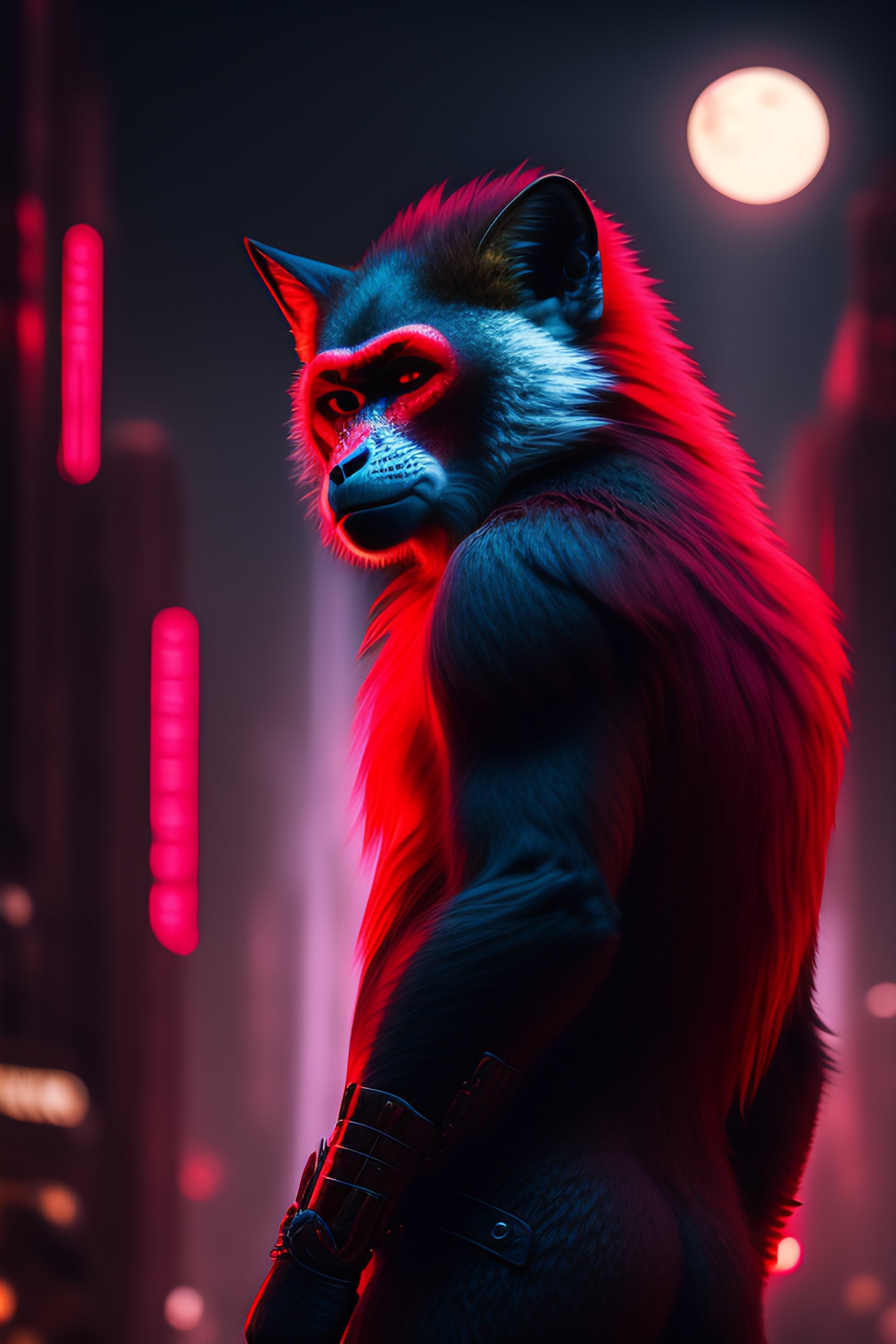 Lexica - Male red monkey-fox humanoid, red lights, metropolis, cyber ...