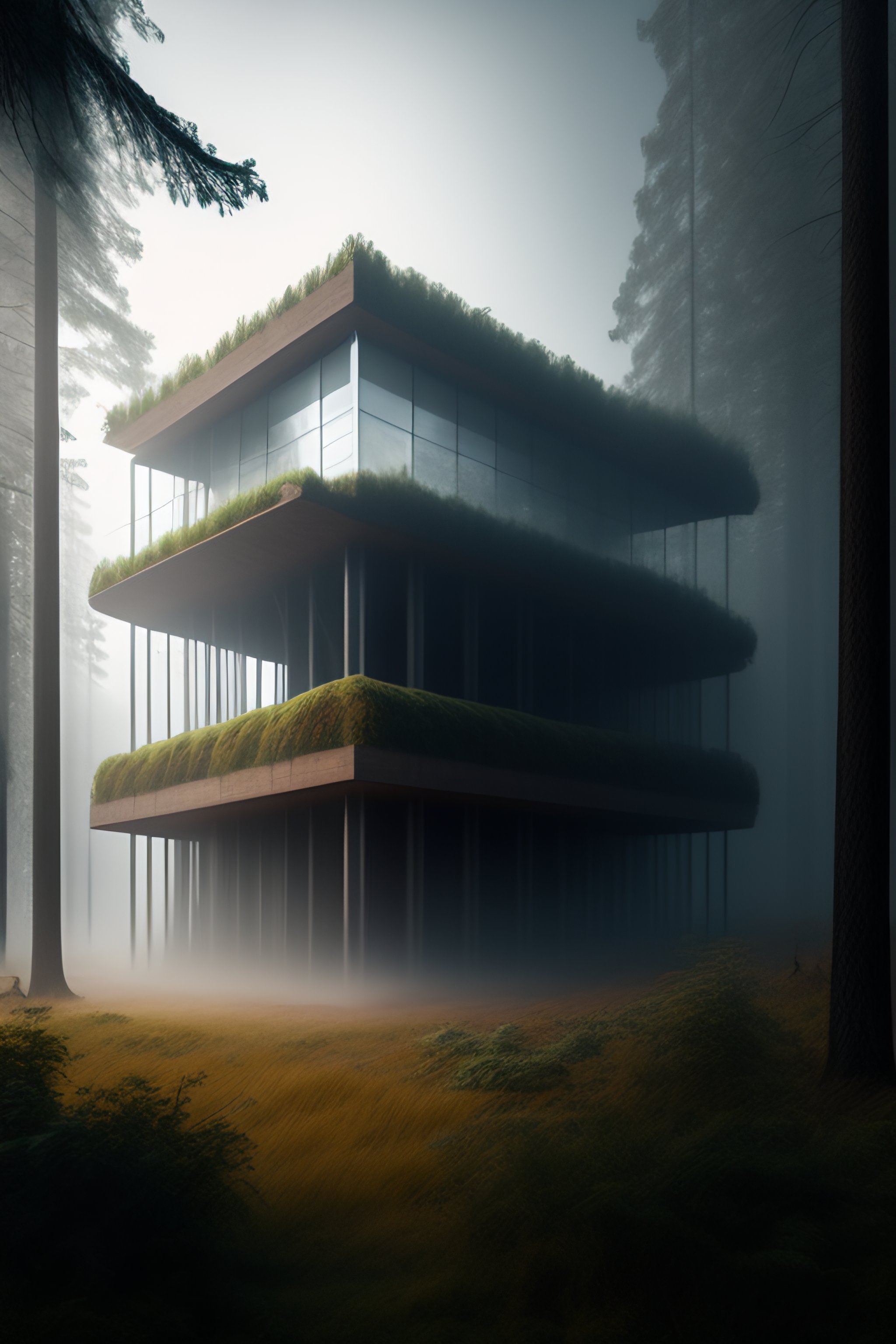 Lexica - Realistic photo of an 2-story building semi-covered by forest ...