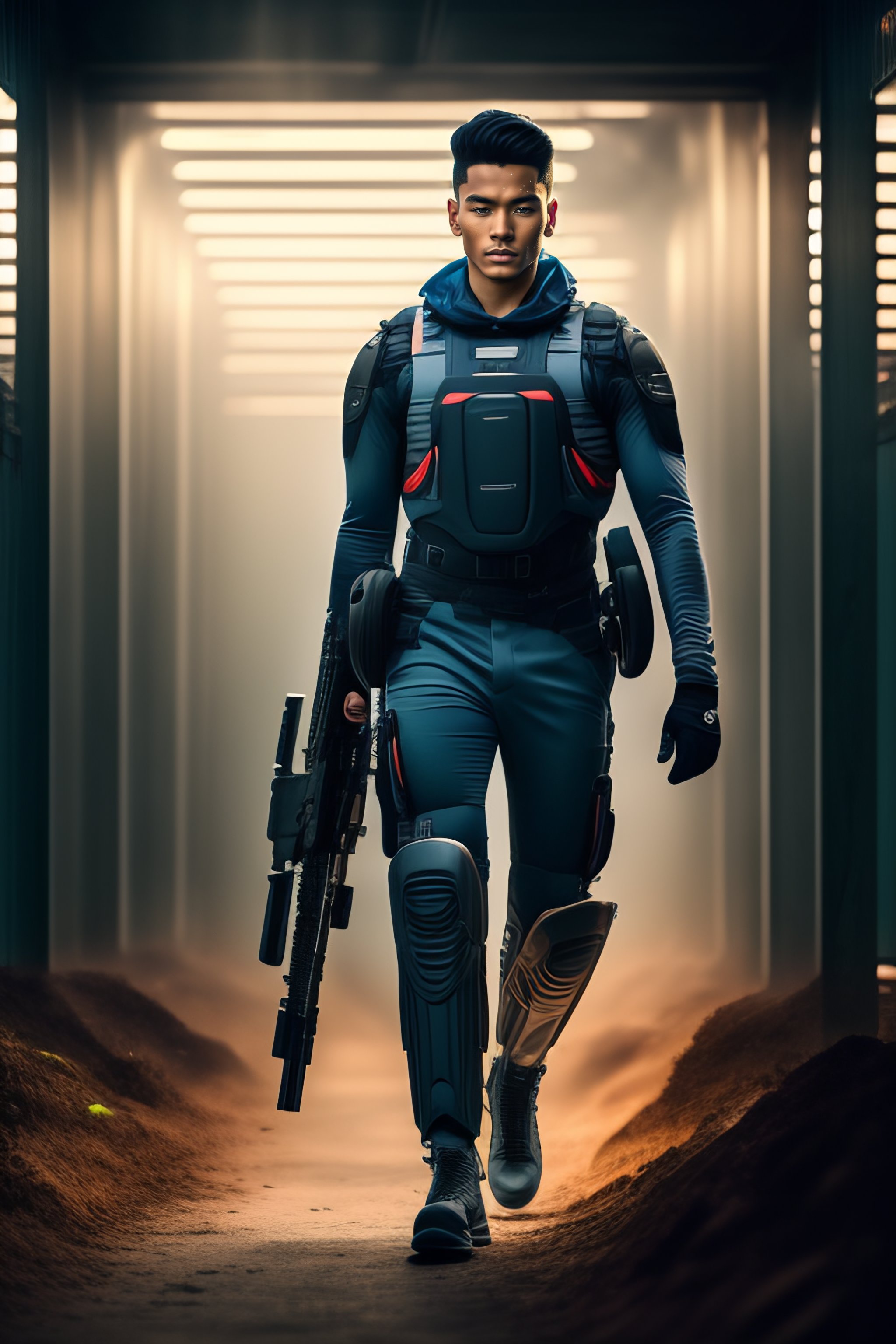 Lexica - A young guy in an exoskeleton with a gun