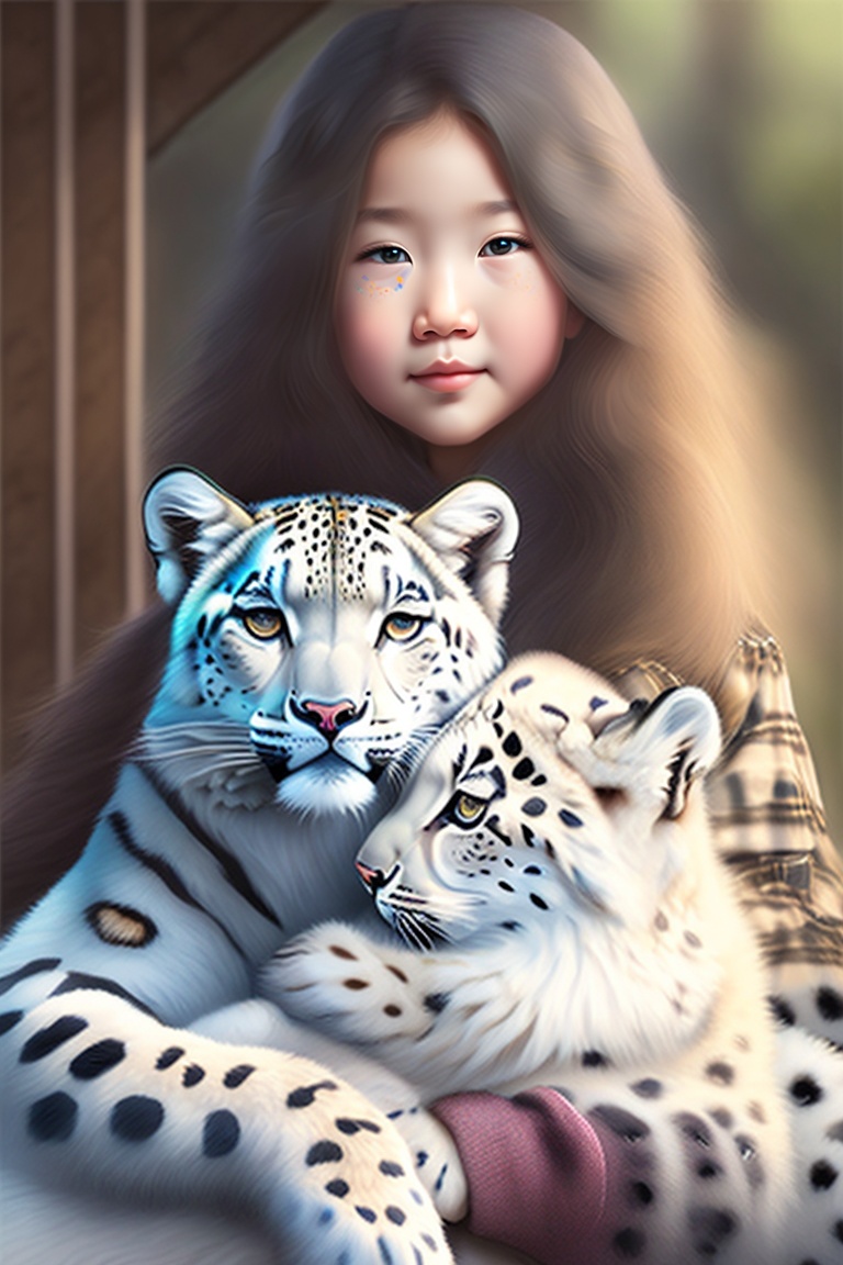 Lexica - A white snow leopard sits in front of the girl, the girl hugs ...