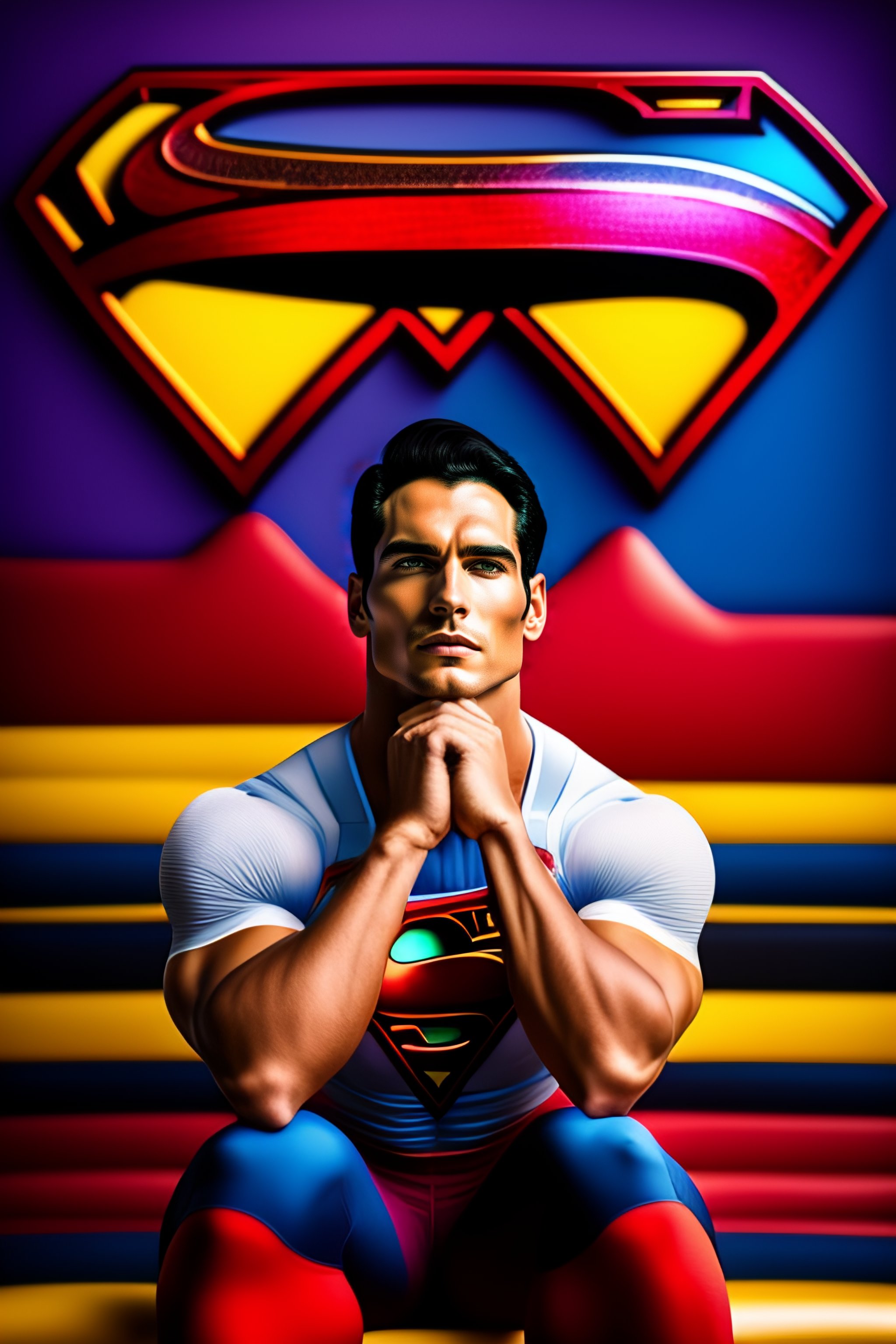 Lexica - Full length photograph of superman sitting down sit head in ...