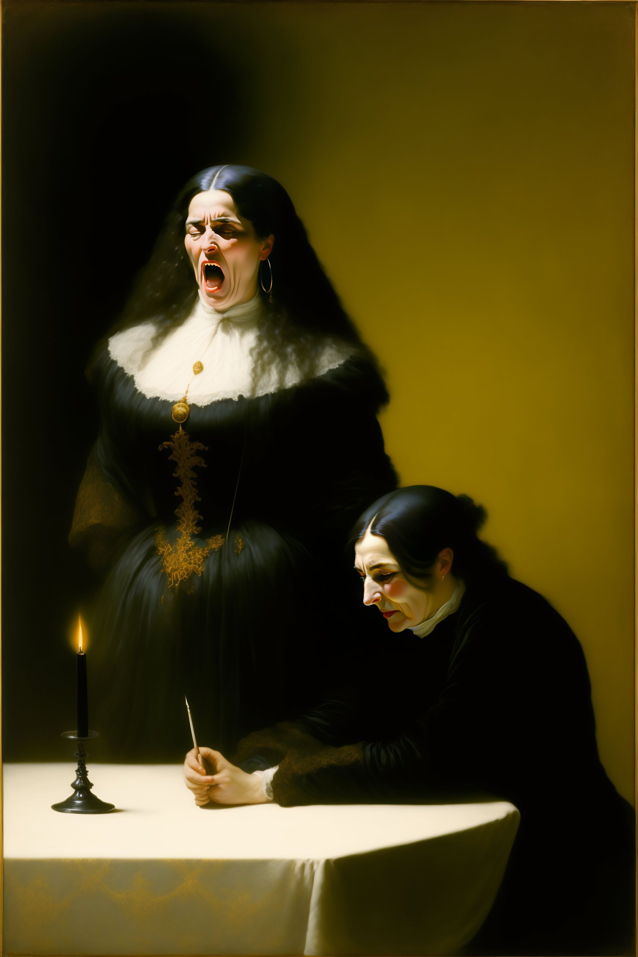 Lexica - Two victorian witches, kneeling with black garbs, in an empty ...