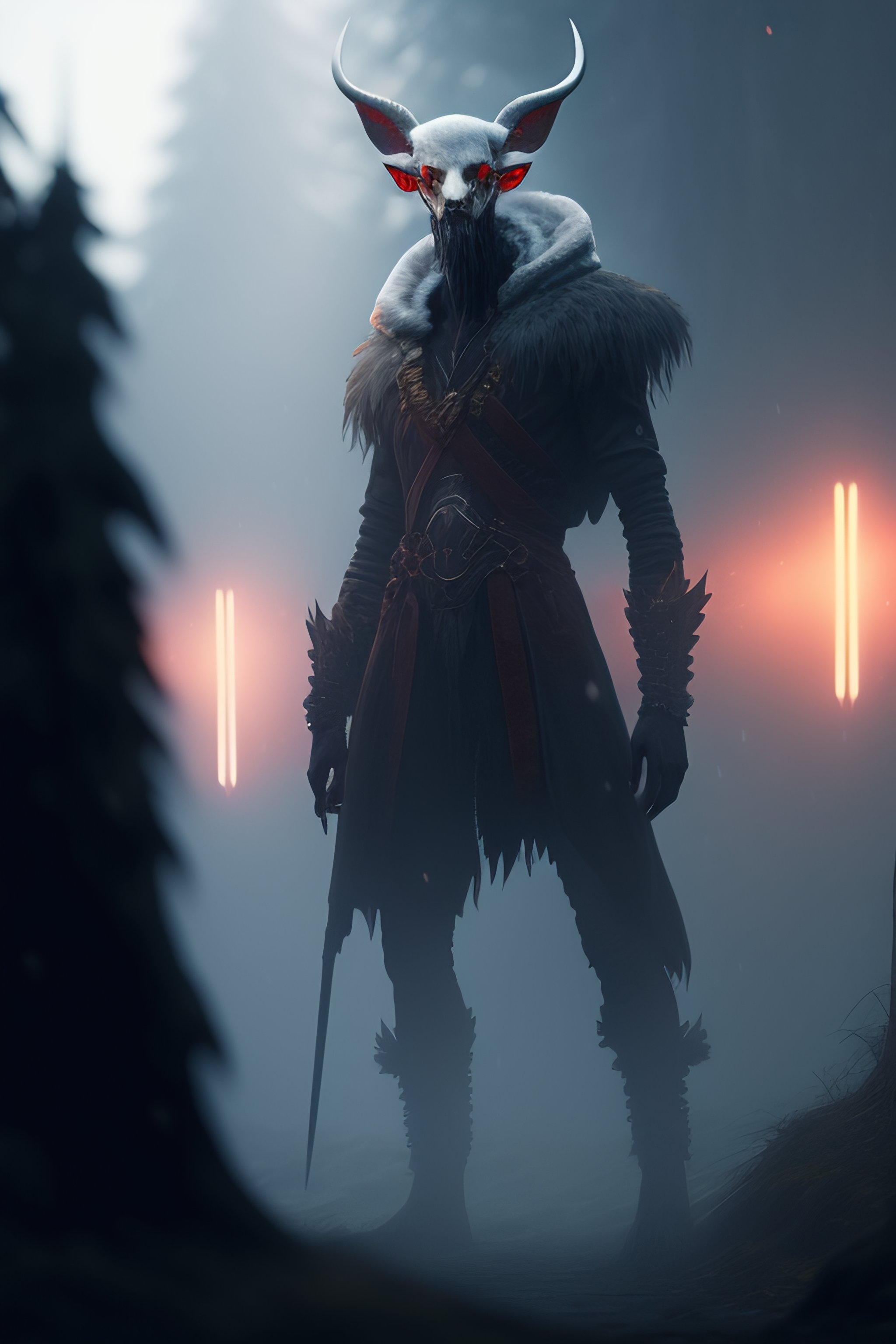 Lexica - A skinny wendigo with glowing white eyes with the bloody body ...