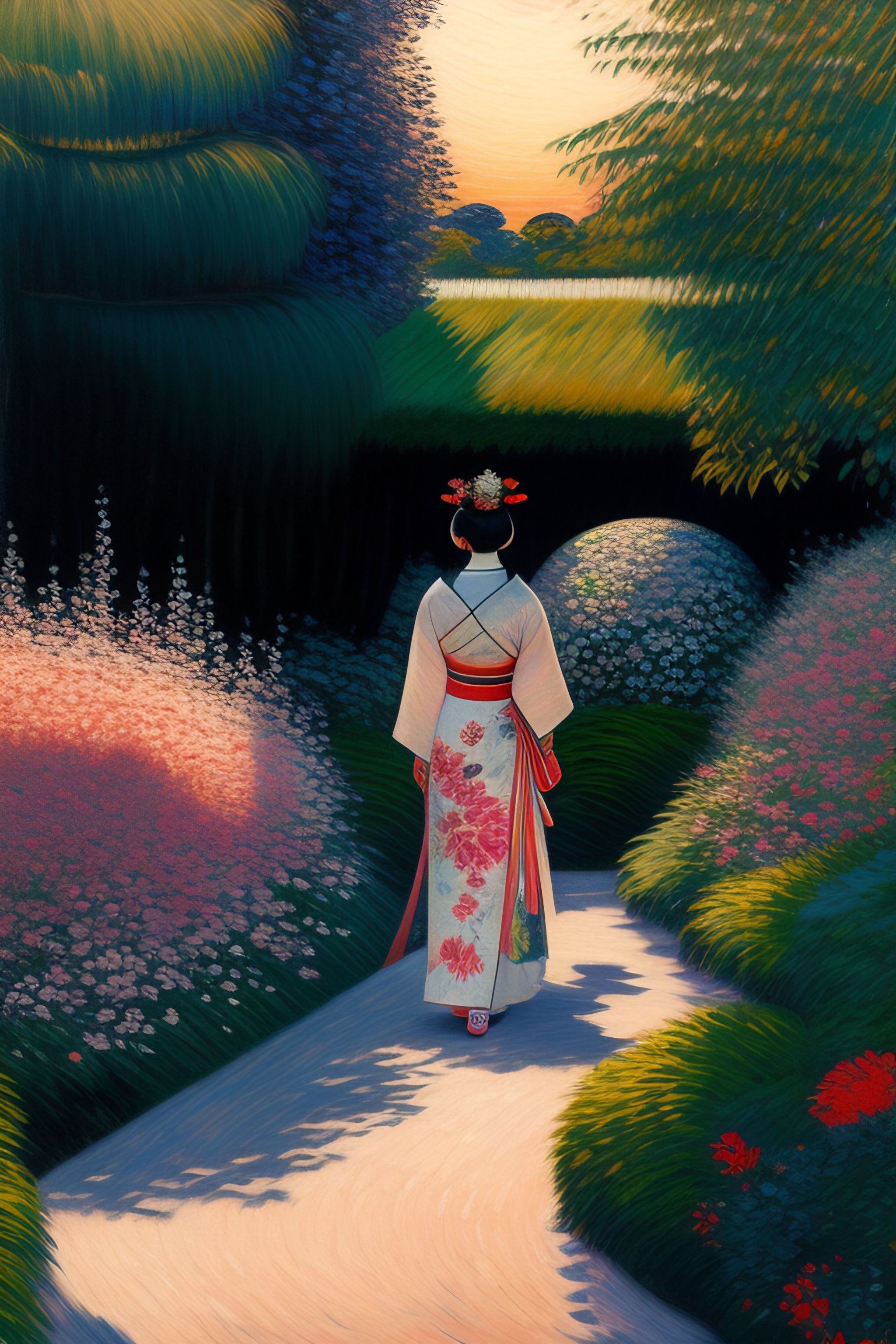 Lexica - Drawing of a geisha walking at sunset through a Japanese ...