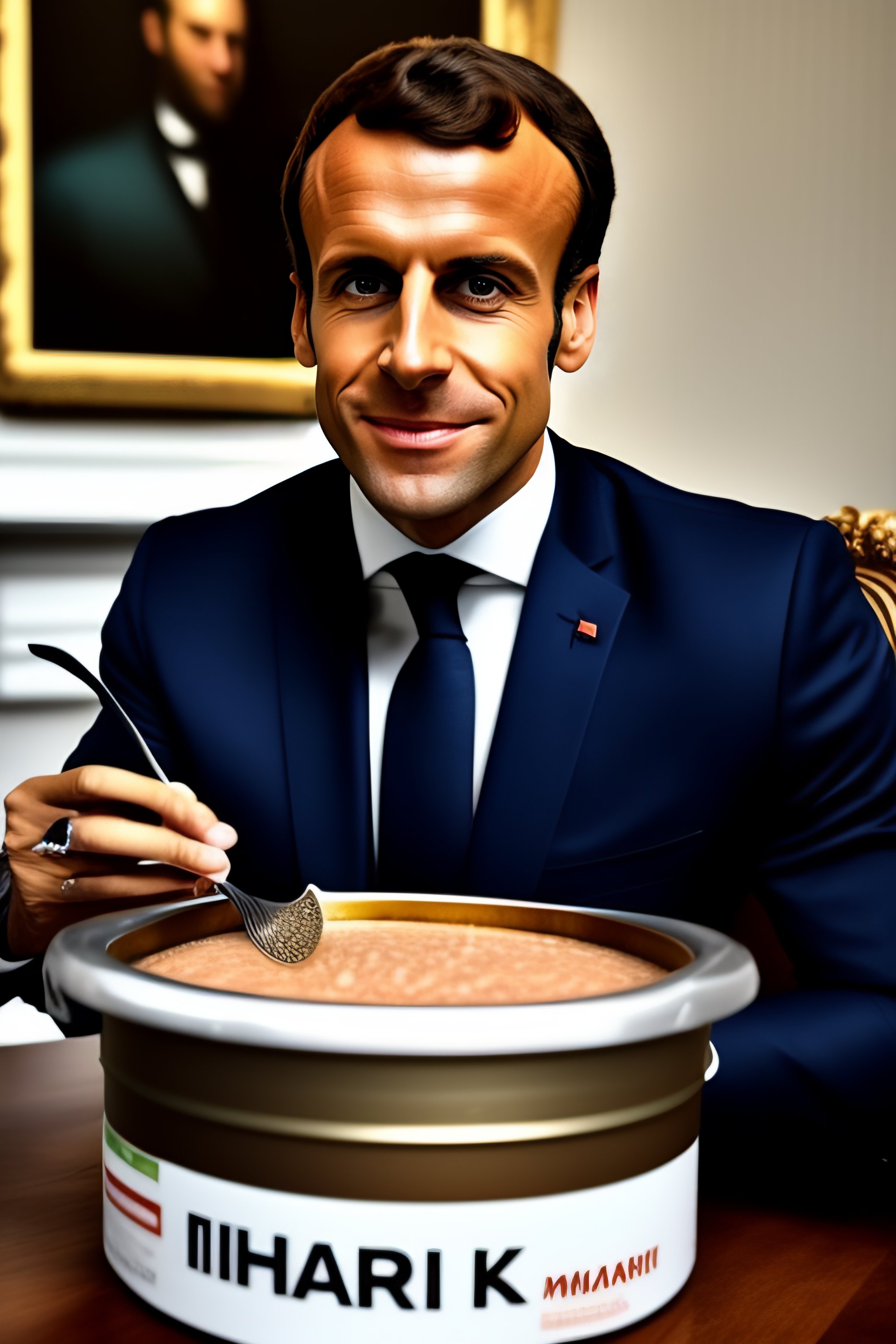 Lexica - Emmanuel Macron eating some sardines directly in the can