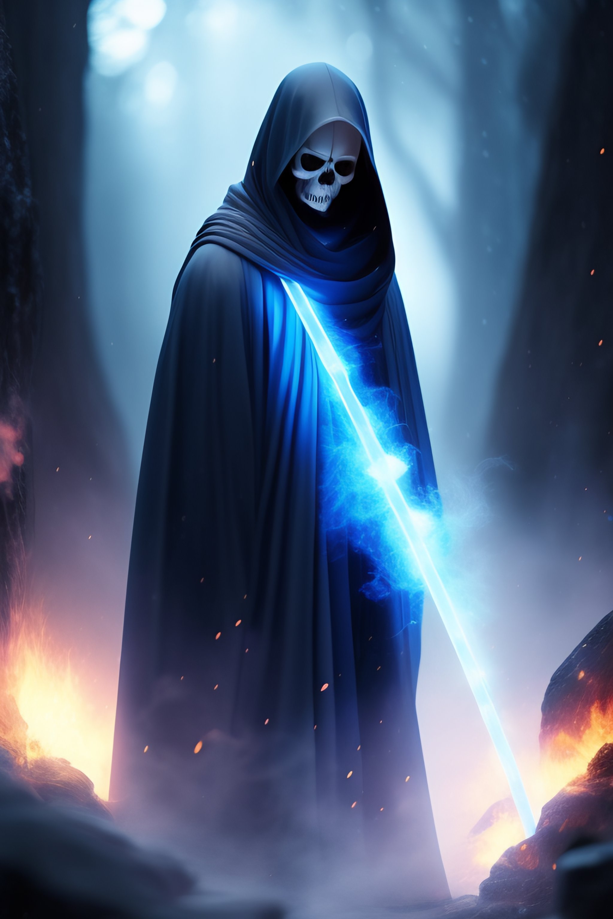 Lexica - Grim reaper, wearing a gray robe, spectral blue magical aura ...