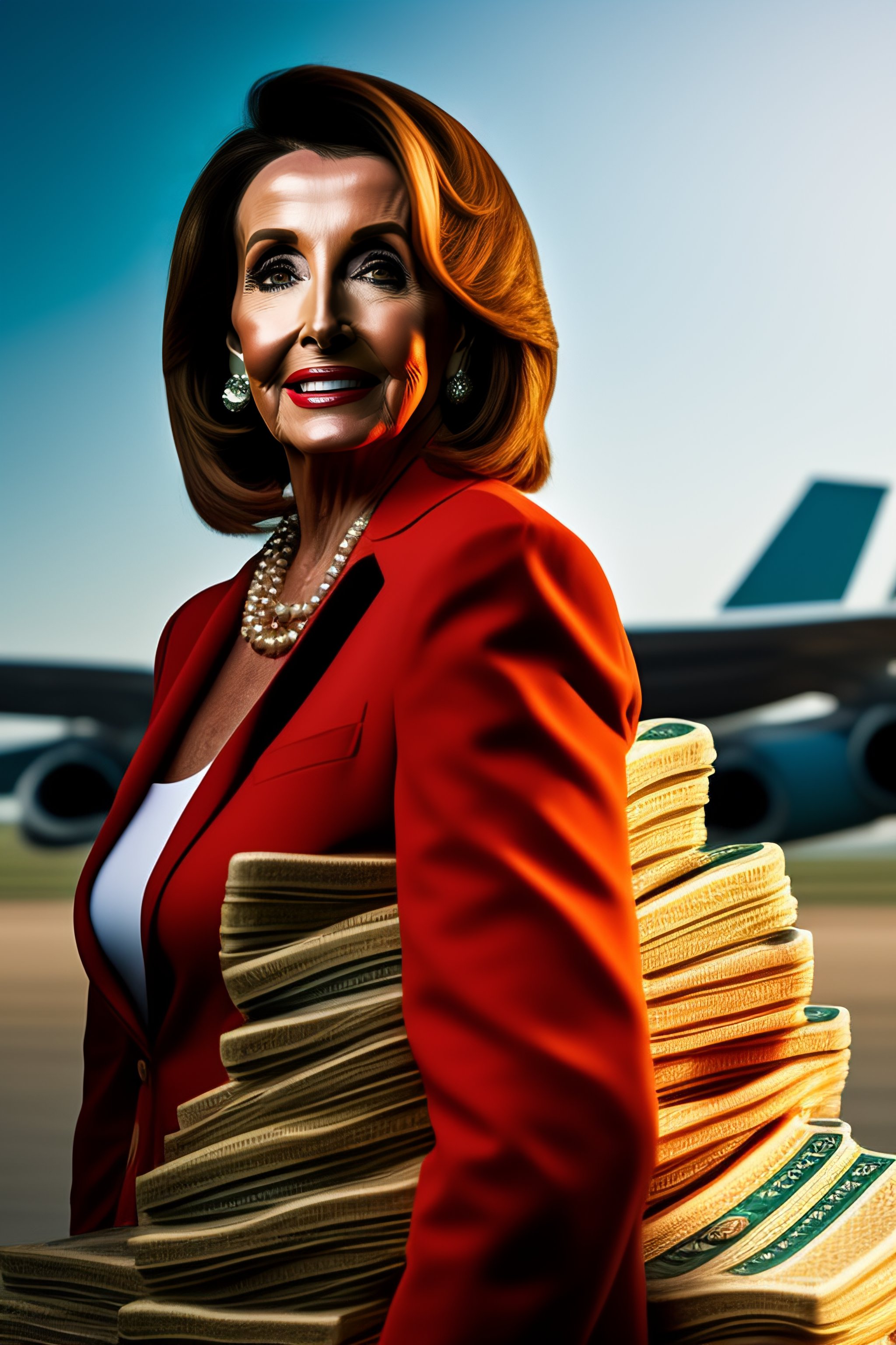 Lexica - Portrait of nancy pelosi standing on a huge pile of money