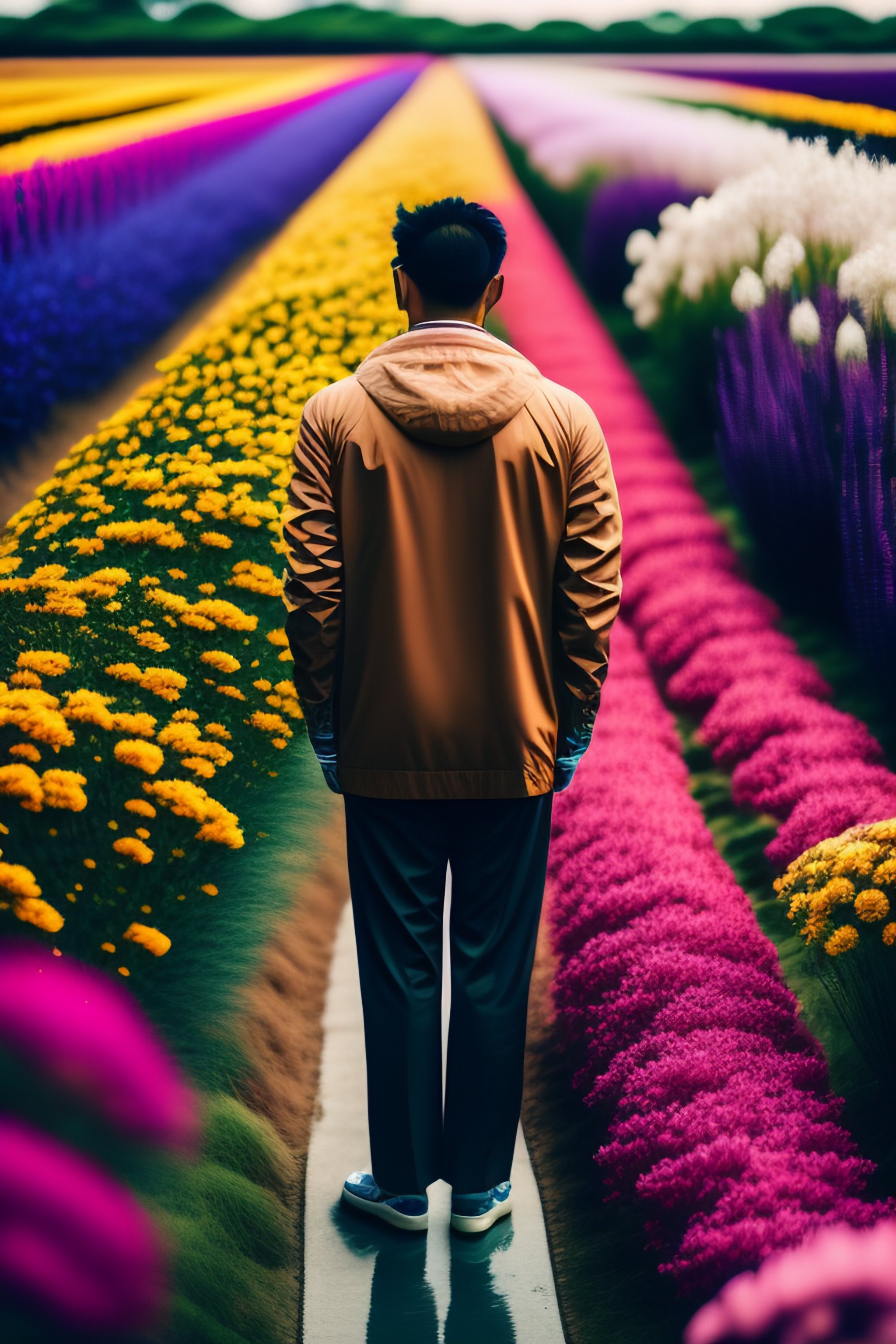 Lexica - A Japanese guy standing and showing us his back in field of ...