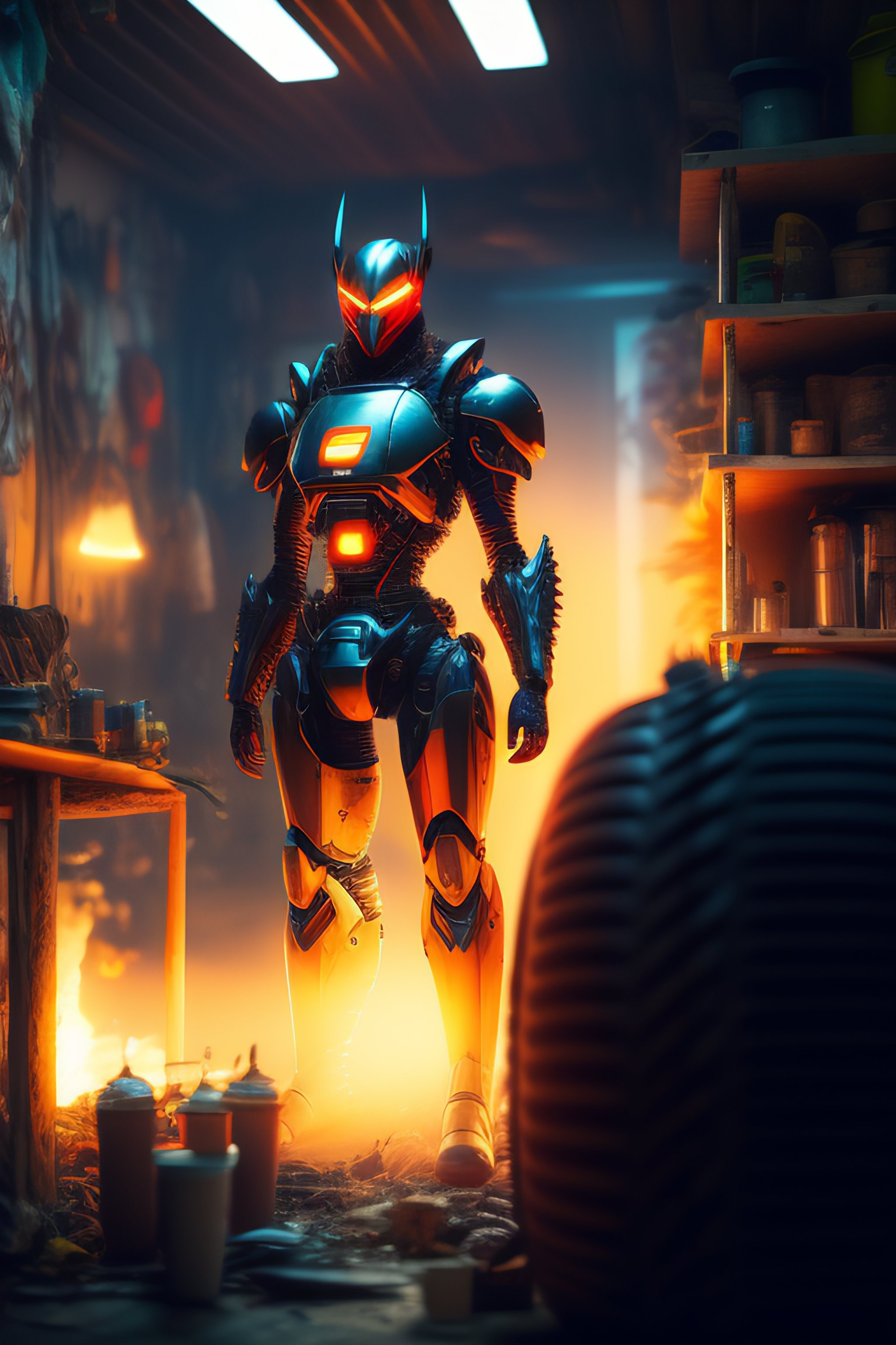 Lexica - Wide angle Environmental shot of evil Cyborg in a cluttered ...