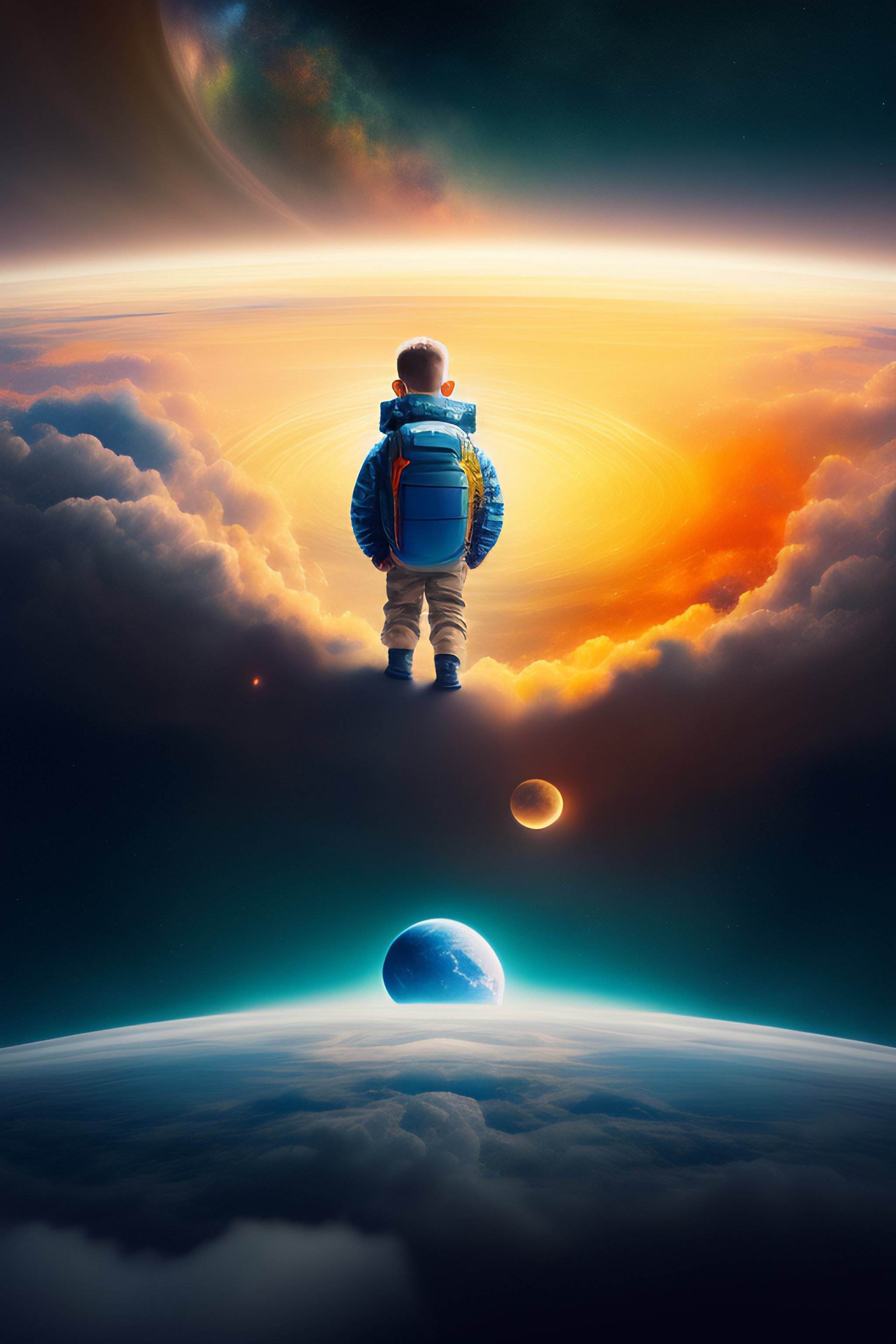 Lexica - A small boy in a pilot uniform floating in the space