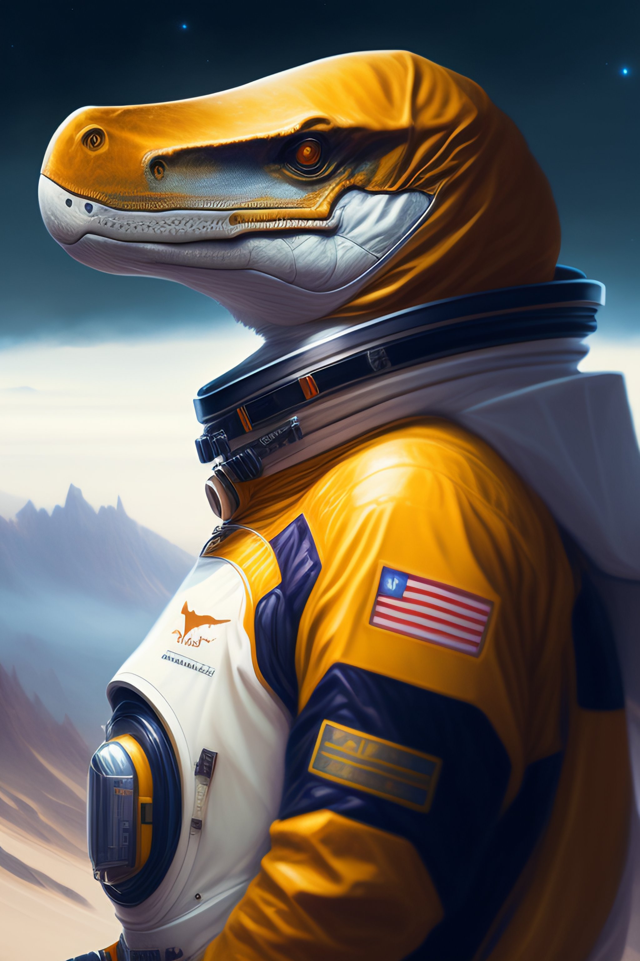 Lexica - A portrait of dinosaur pterodactyl wearing a space suit by ...