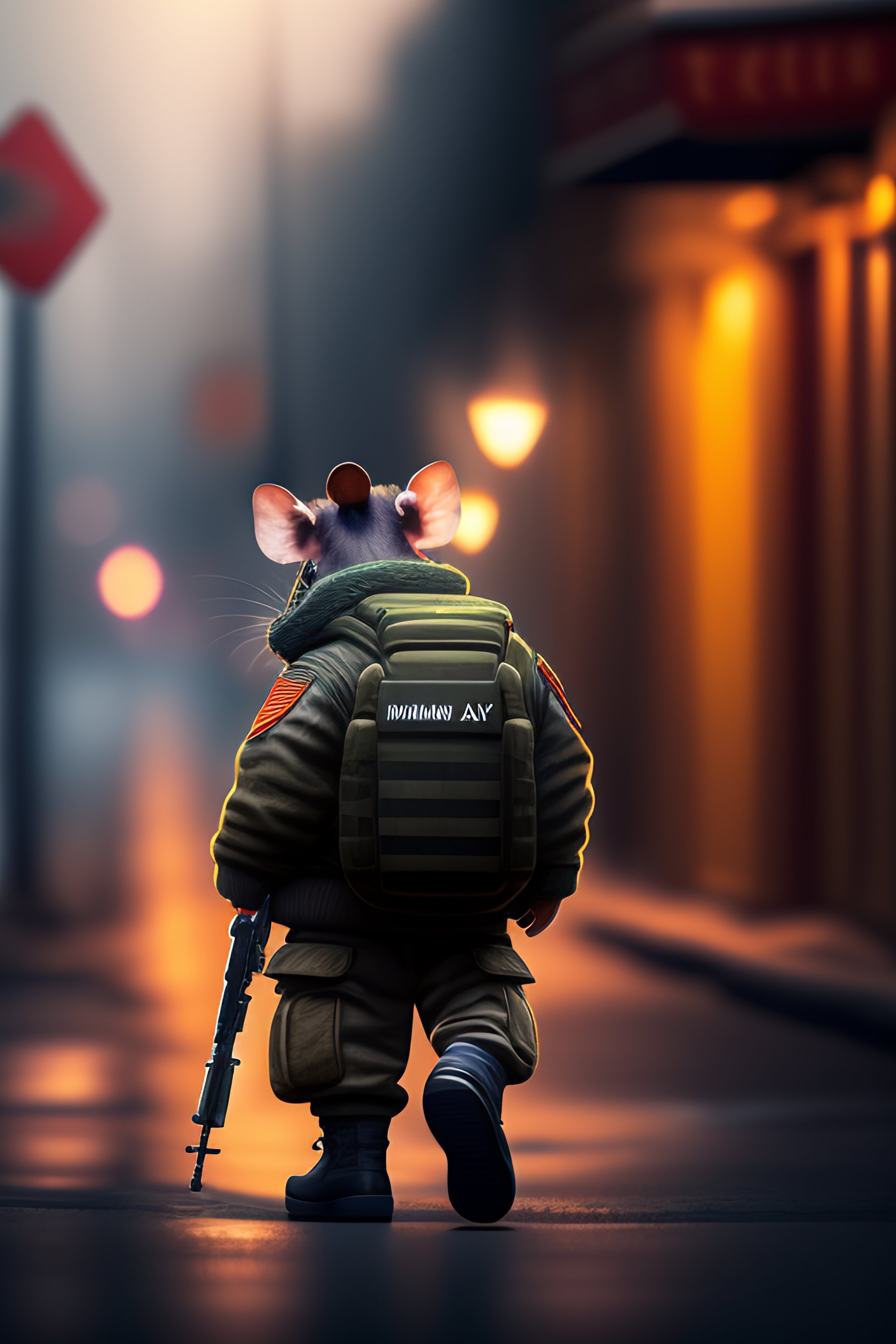 Lexica - A military rat with a machine gun walking with a baby by an ...