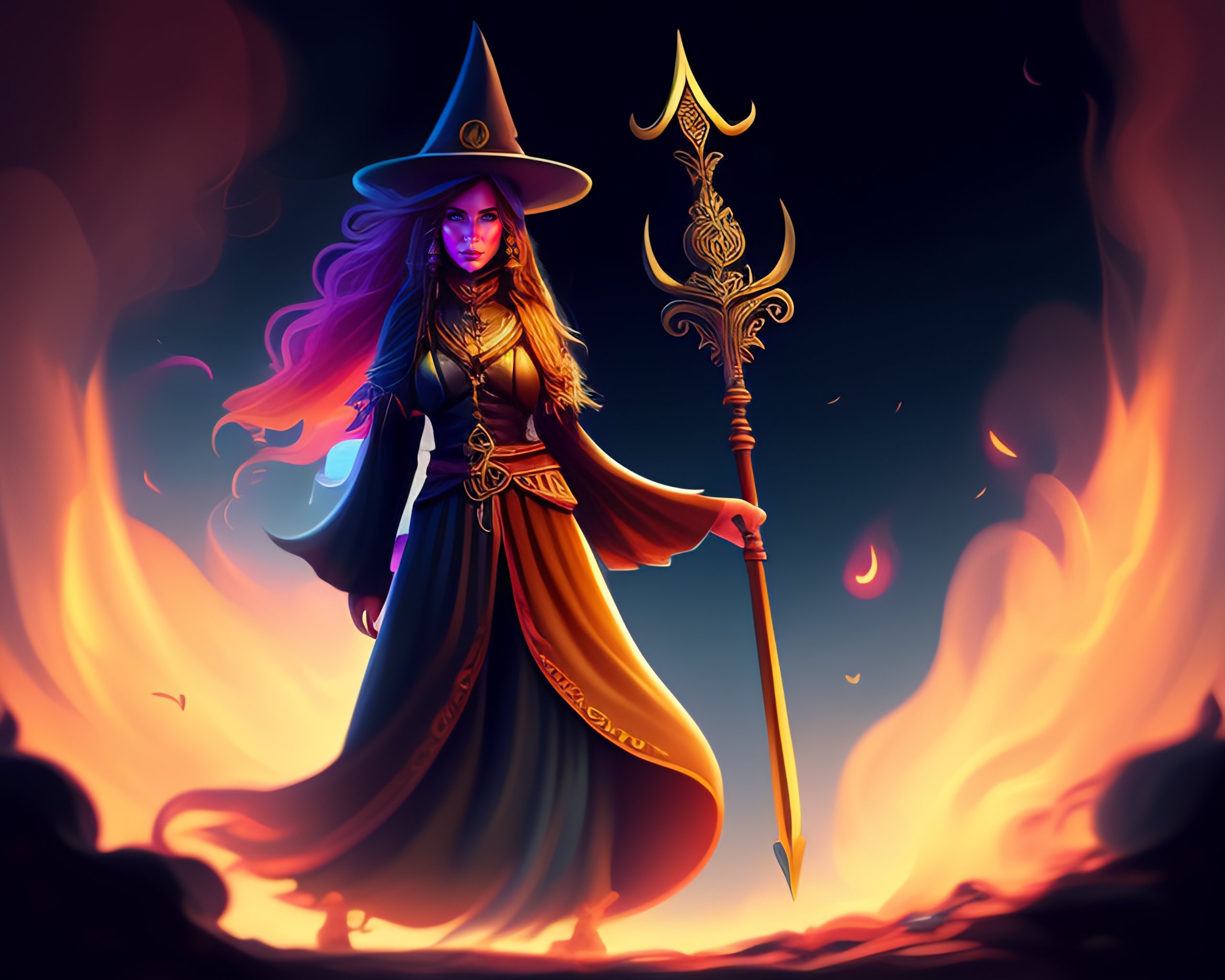 Lexica - Top down full body view of a witch holding a staff and casting ...