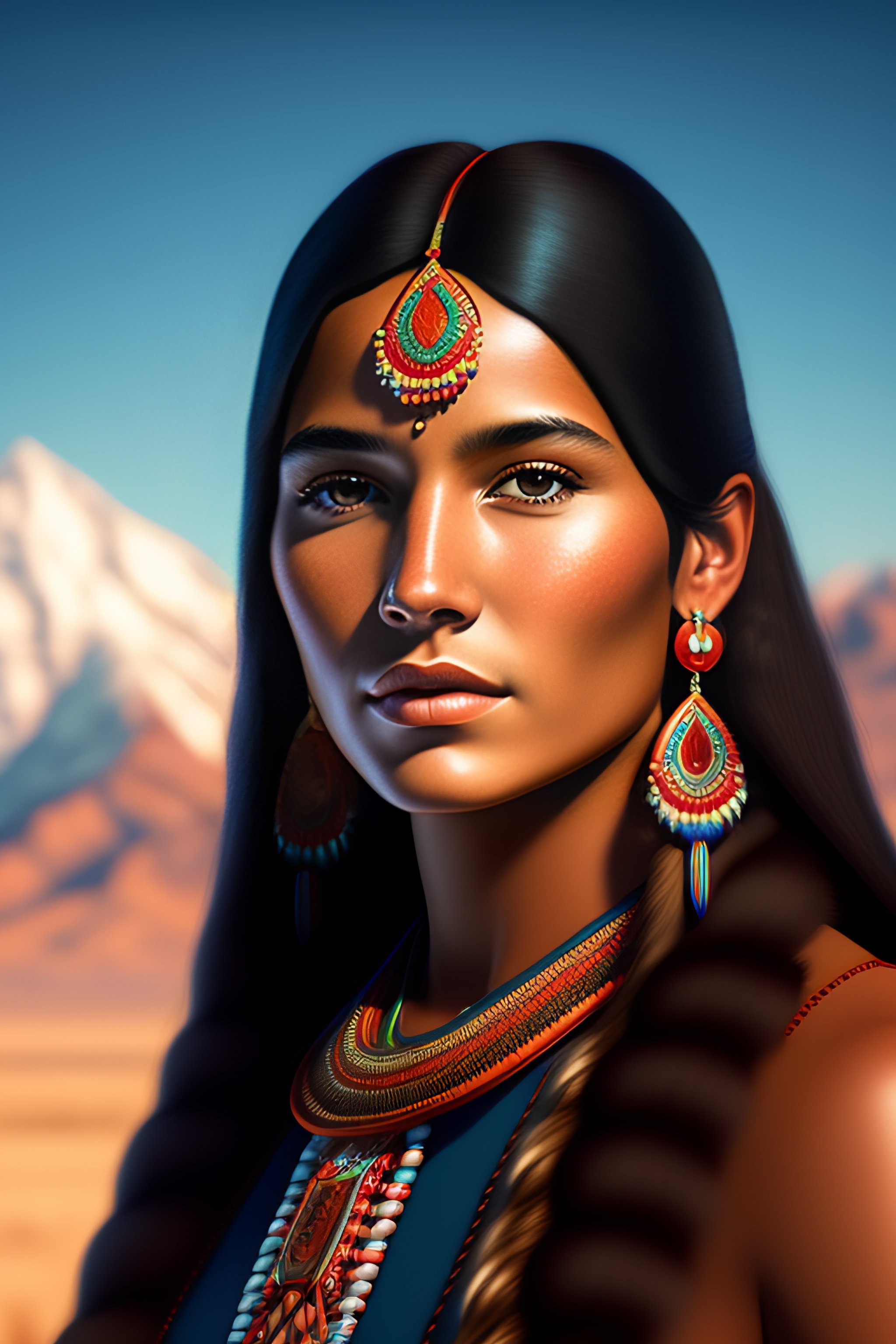 Lexica - Native american young female portrait in 3d digital art with ...