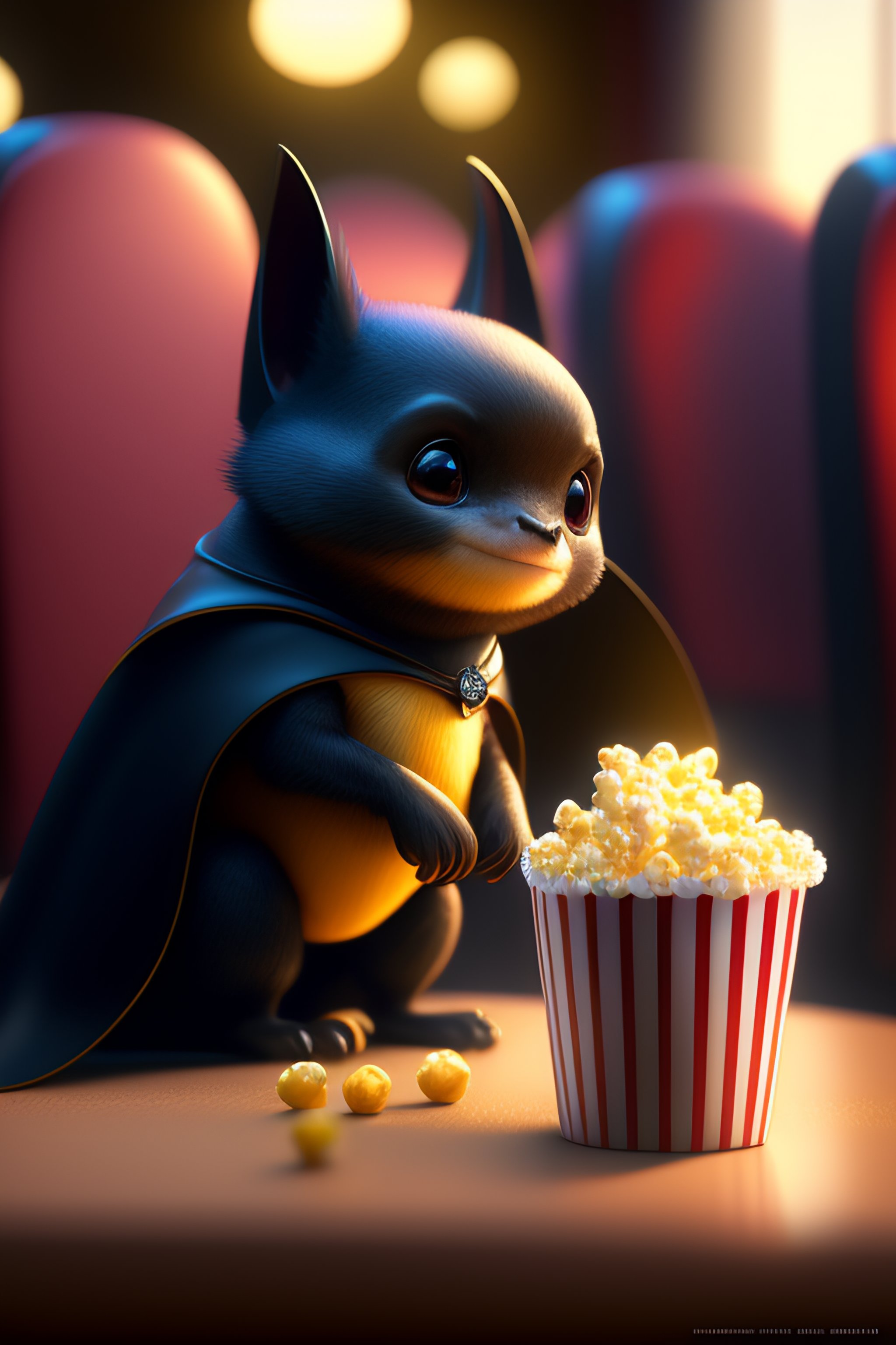 Lexica - Cute small humanoid bat sitting in a movie theater eating ...