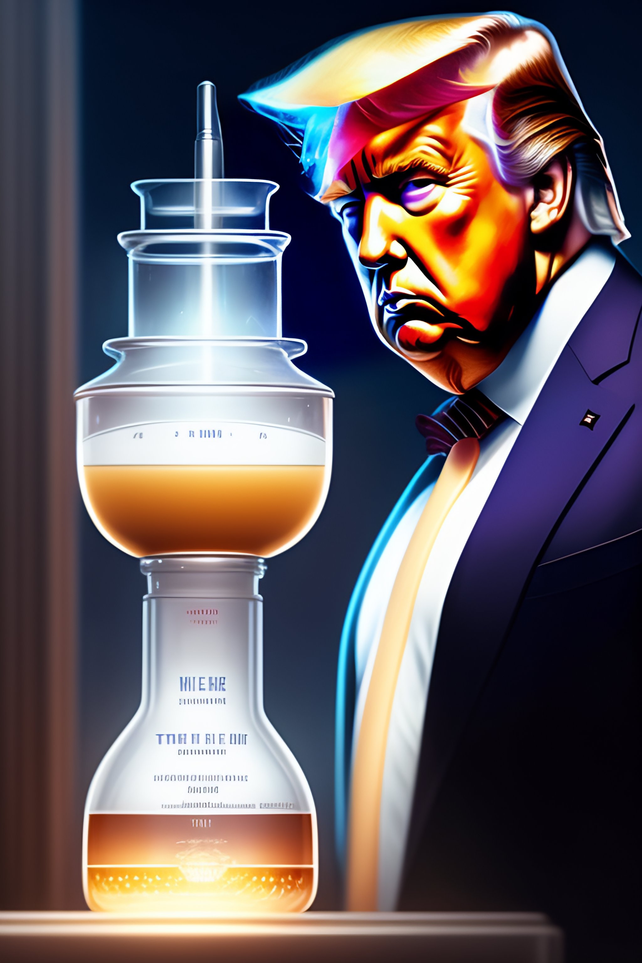 Lexica - Donald Trump holds a ehrlenmeyer flask at eye level, wearing a ...
