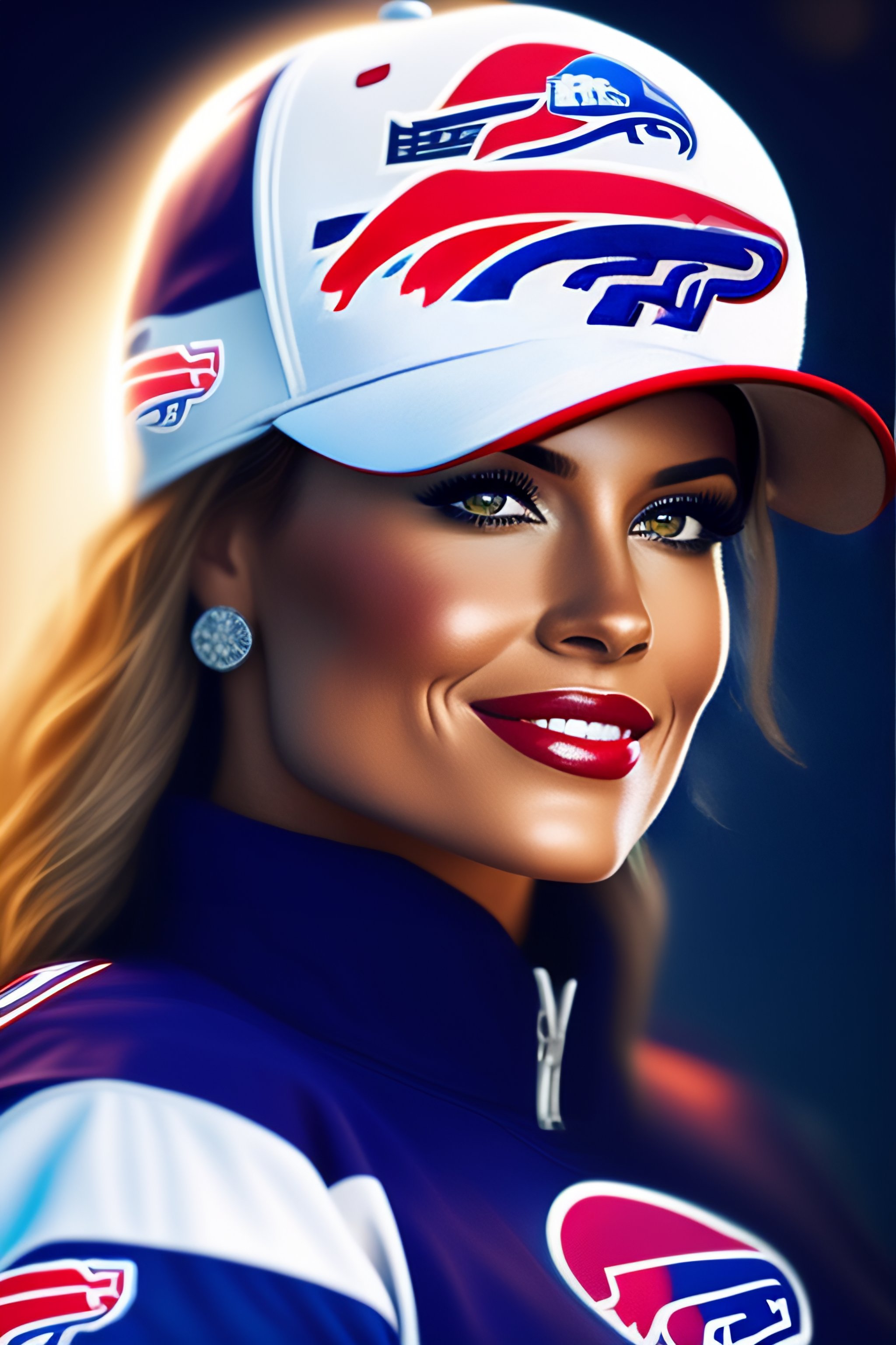Lexica - Create a picture of a beautiful woman wearing buffalo bills gear