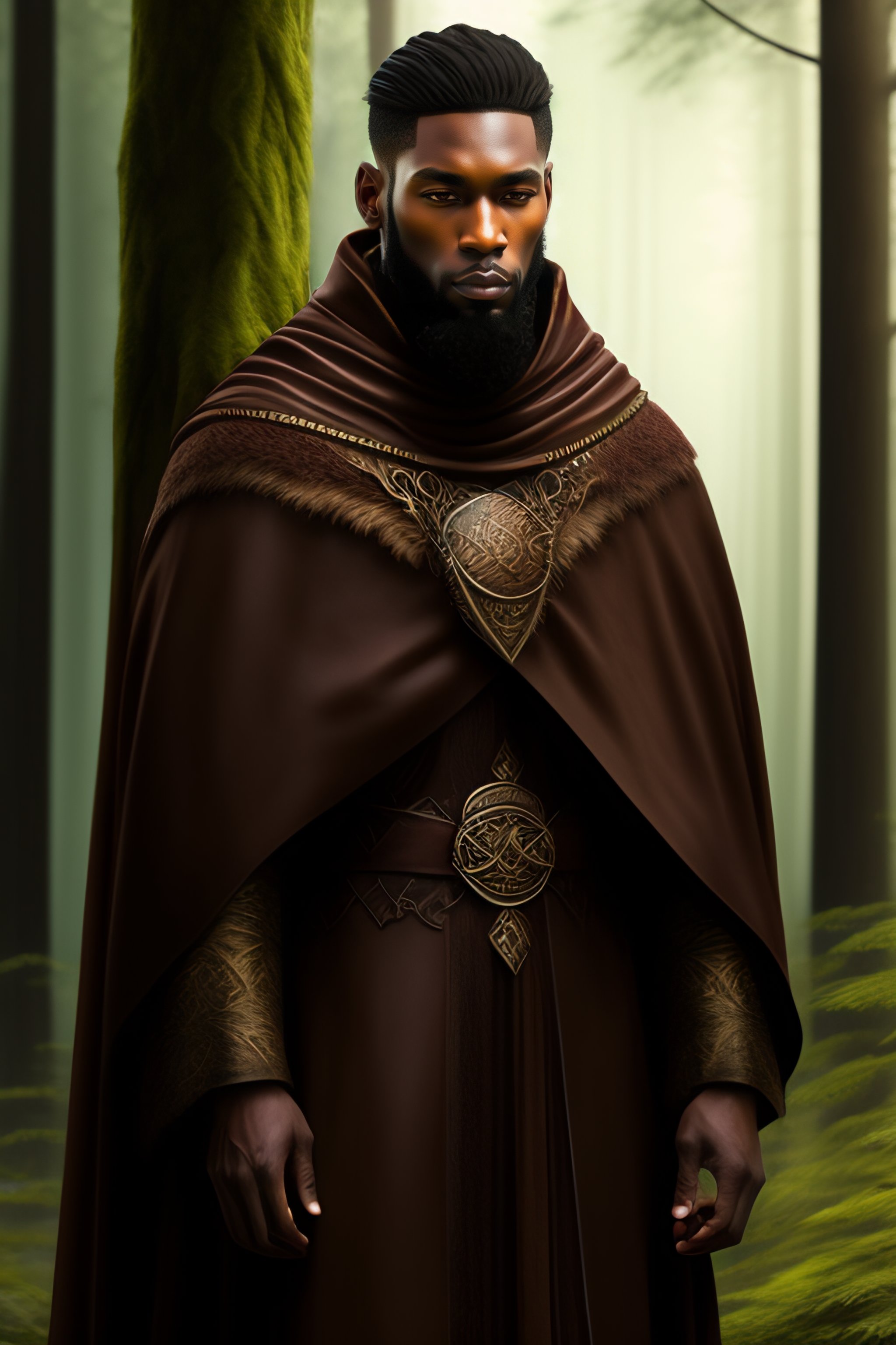 Lexica - Magic druid in woods, plain leather cloak, brown eyes, trimmed ...