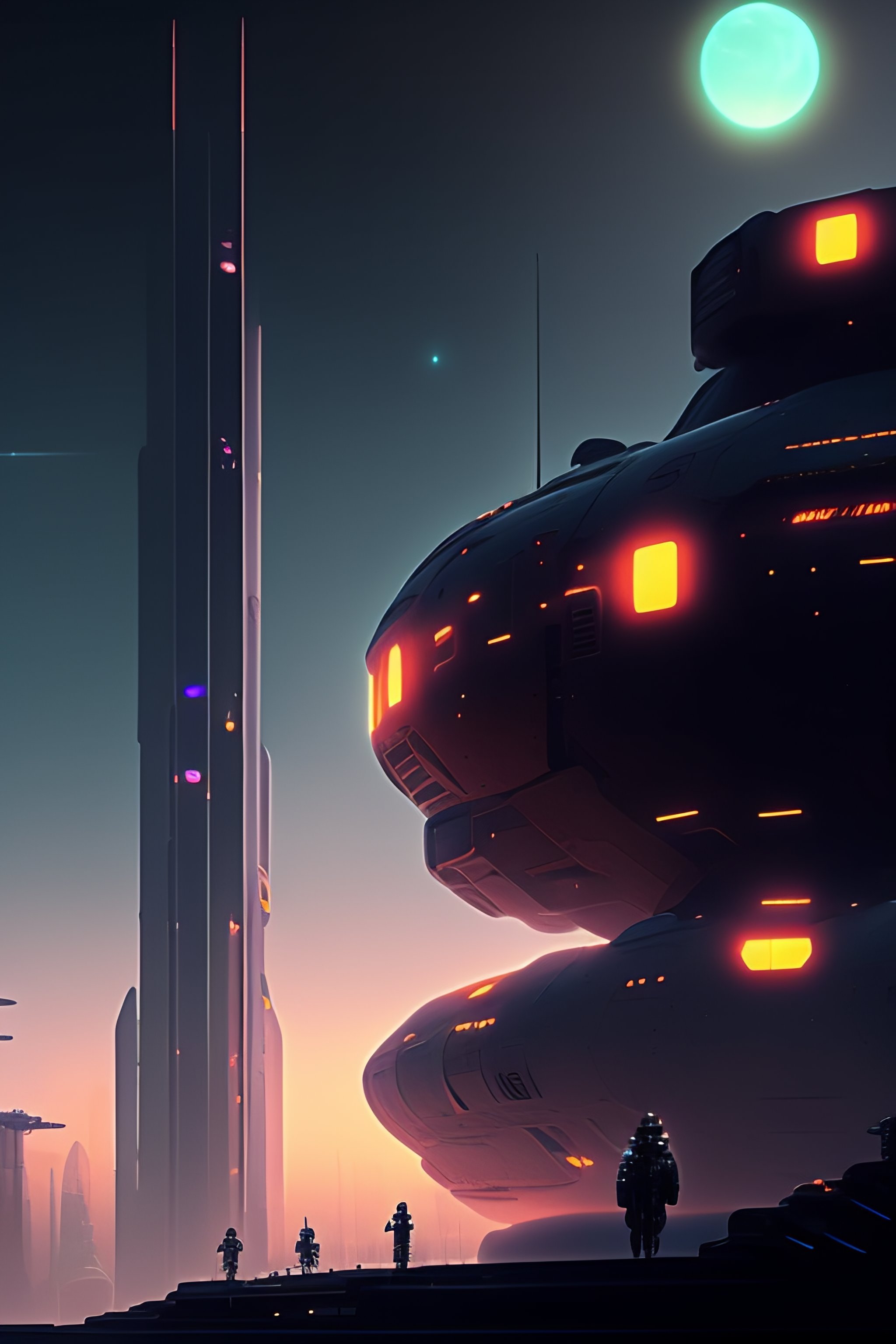 Lexica - Future battletech robotbee , night city in the background ...