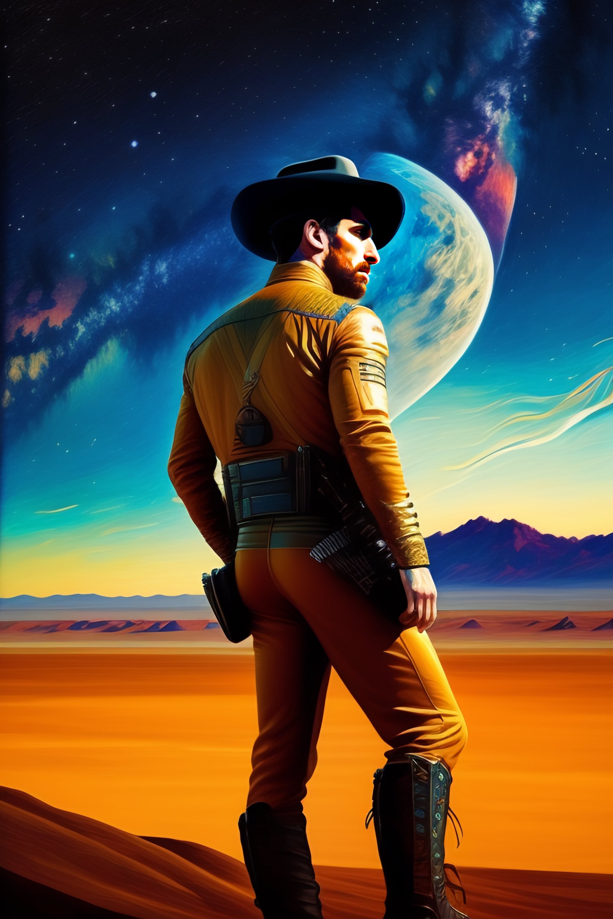 Lexica - Lionel messi with a cowboy hat look to the horizon, distant ...