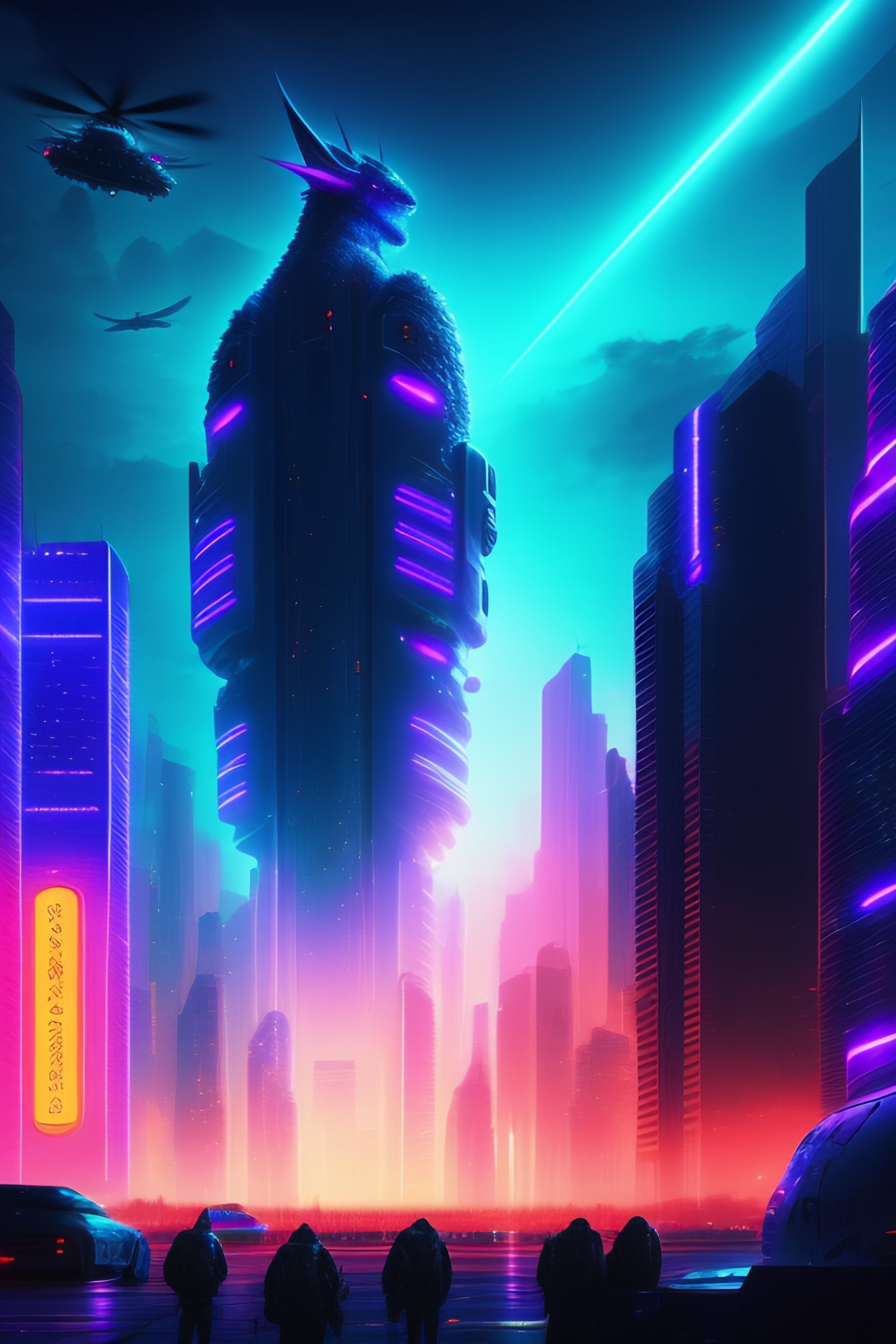Lexica - Cyberpunk godzilla, helicopters, neon lights, high detailed ...