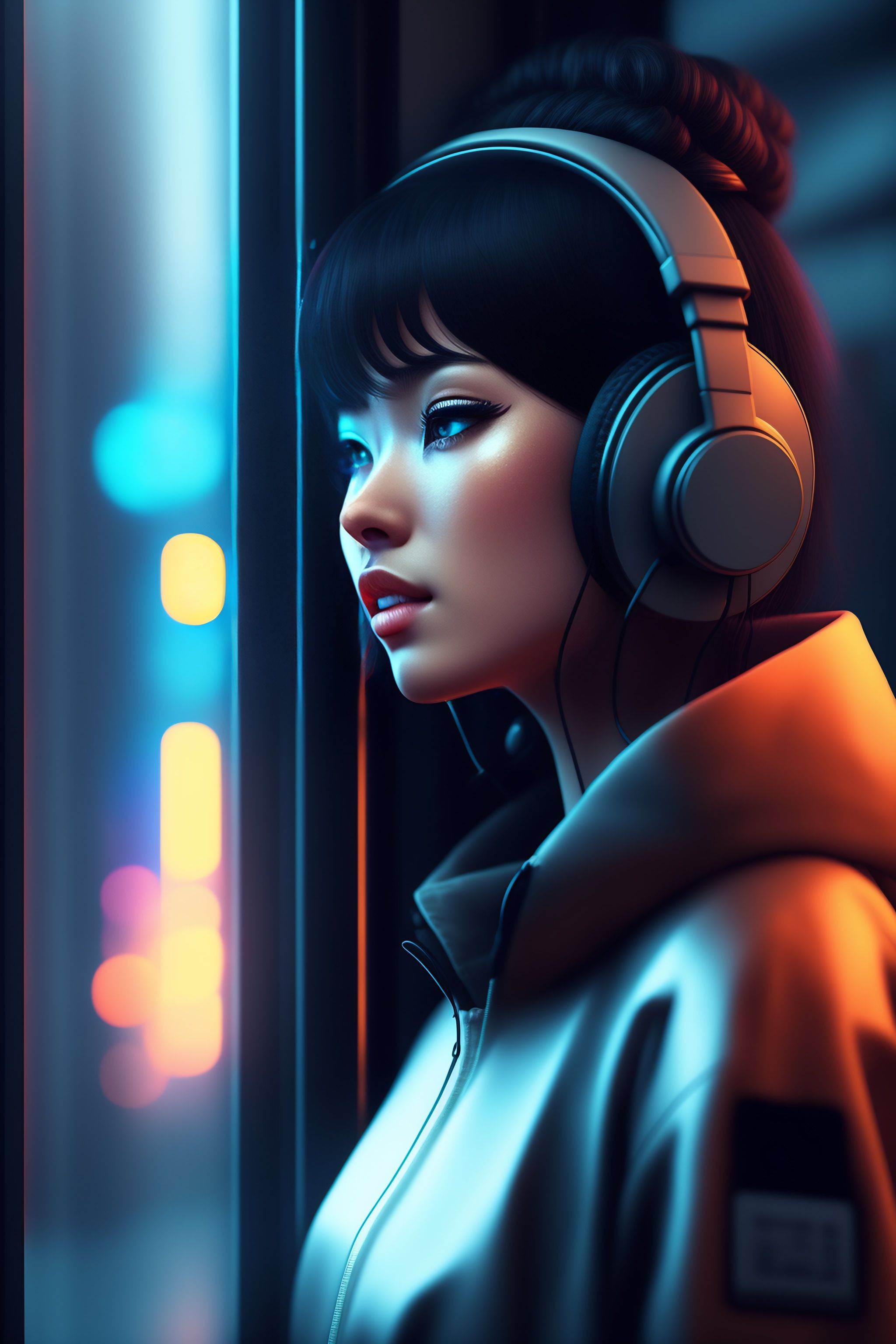 Lexica - A lofi girl with headphones is looking at a rainy window in ...