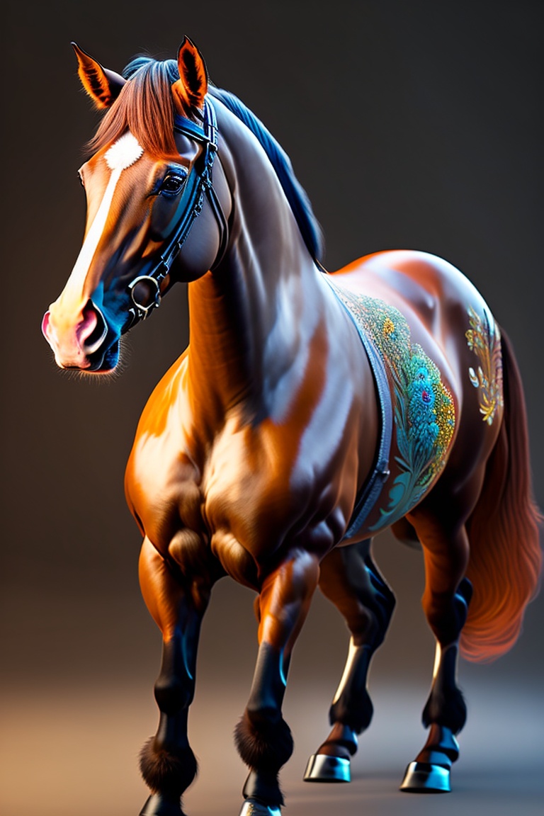 Lexica - Brown Hourse with tattoed colorful floral designs on his chest ...