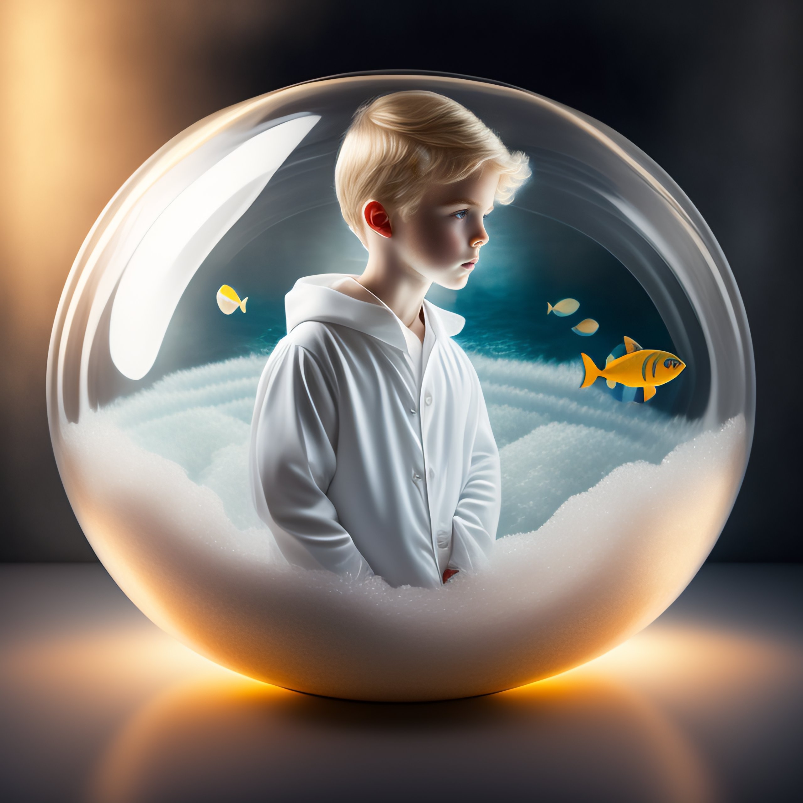 Lexica - A pale blonde boy in white pijamas floating inside a giant ...