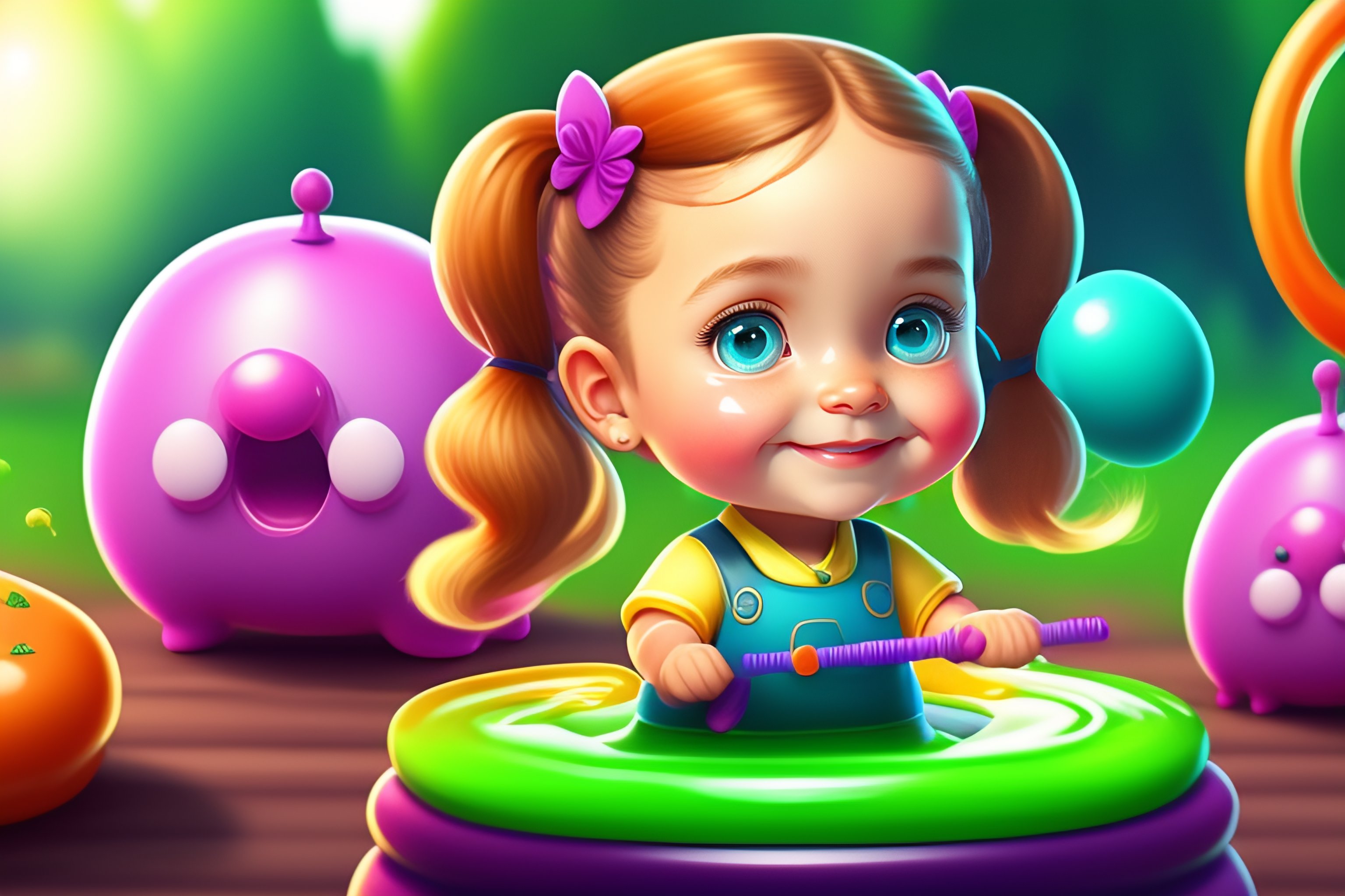 Lexica - A child cartoon in pigtails, playing with slime pets of ...