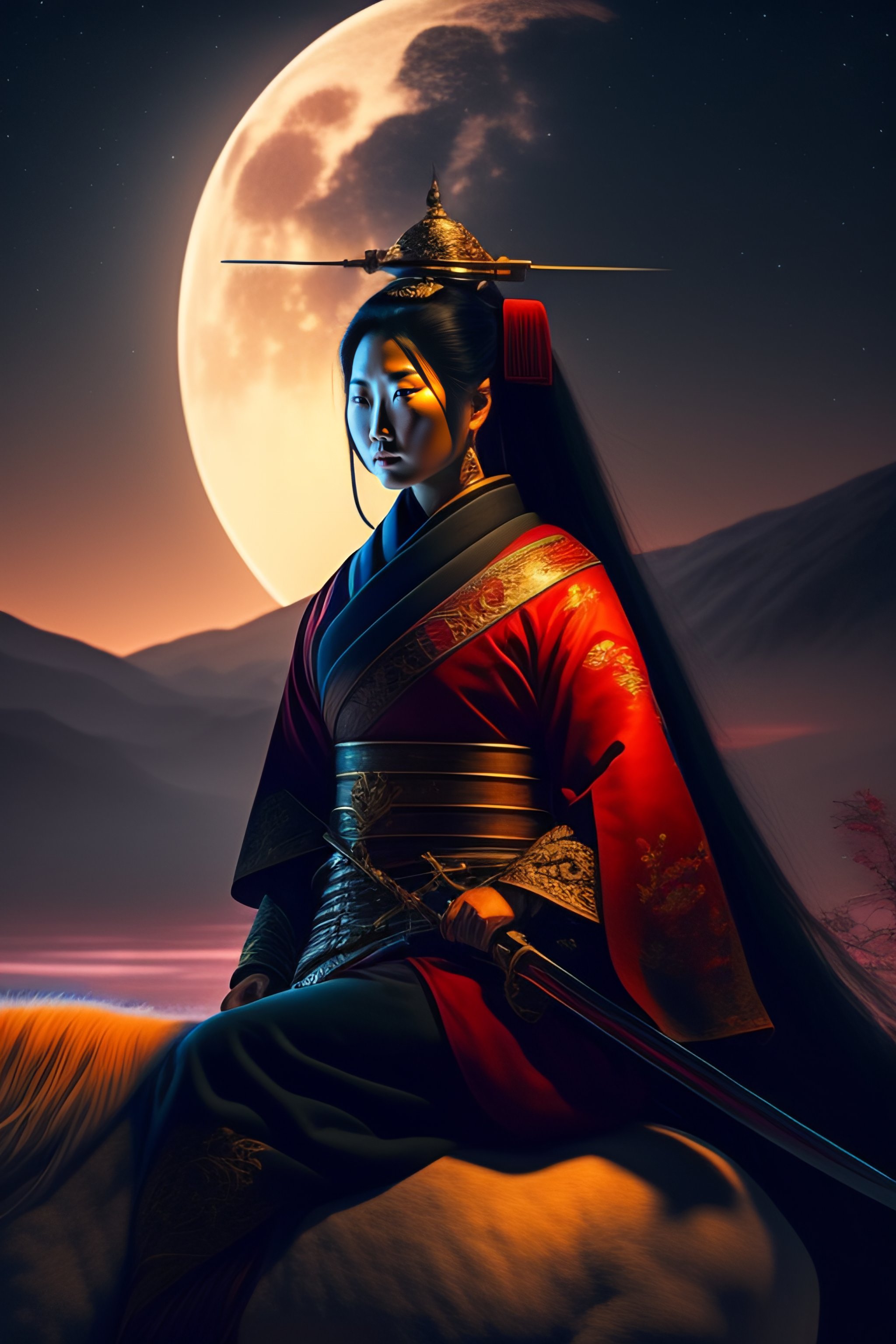 Lexica - Asian samurai woman with sword sitting in the moonlight