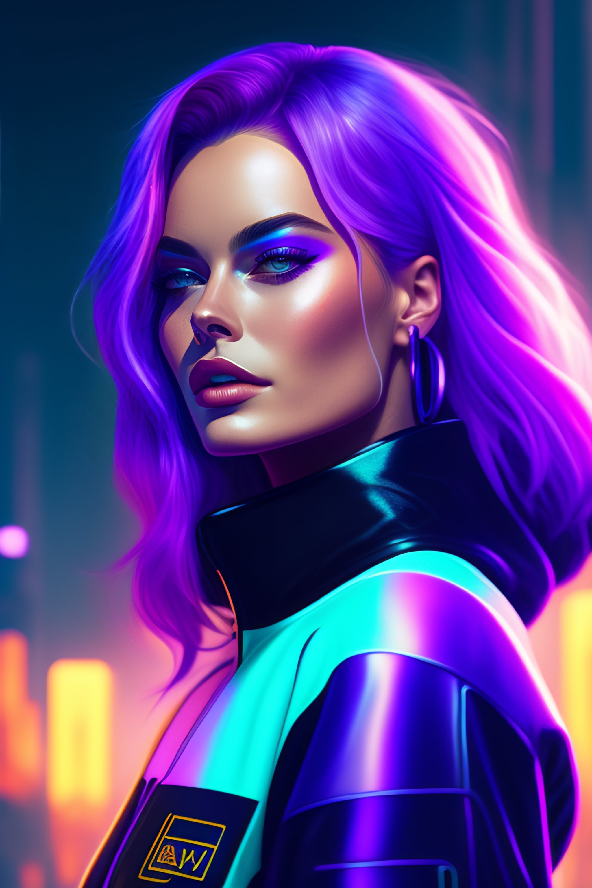 Lexica - Margot robbie wearing cyberpunk streetwear, purple-aqua ...