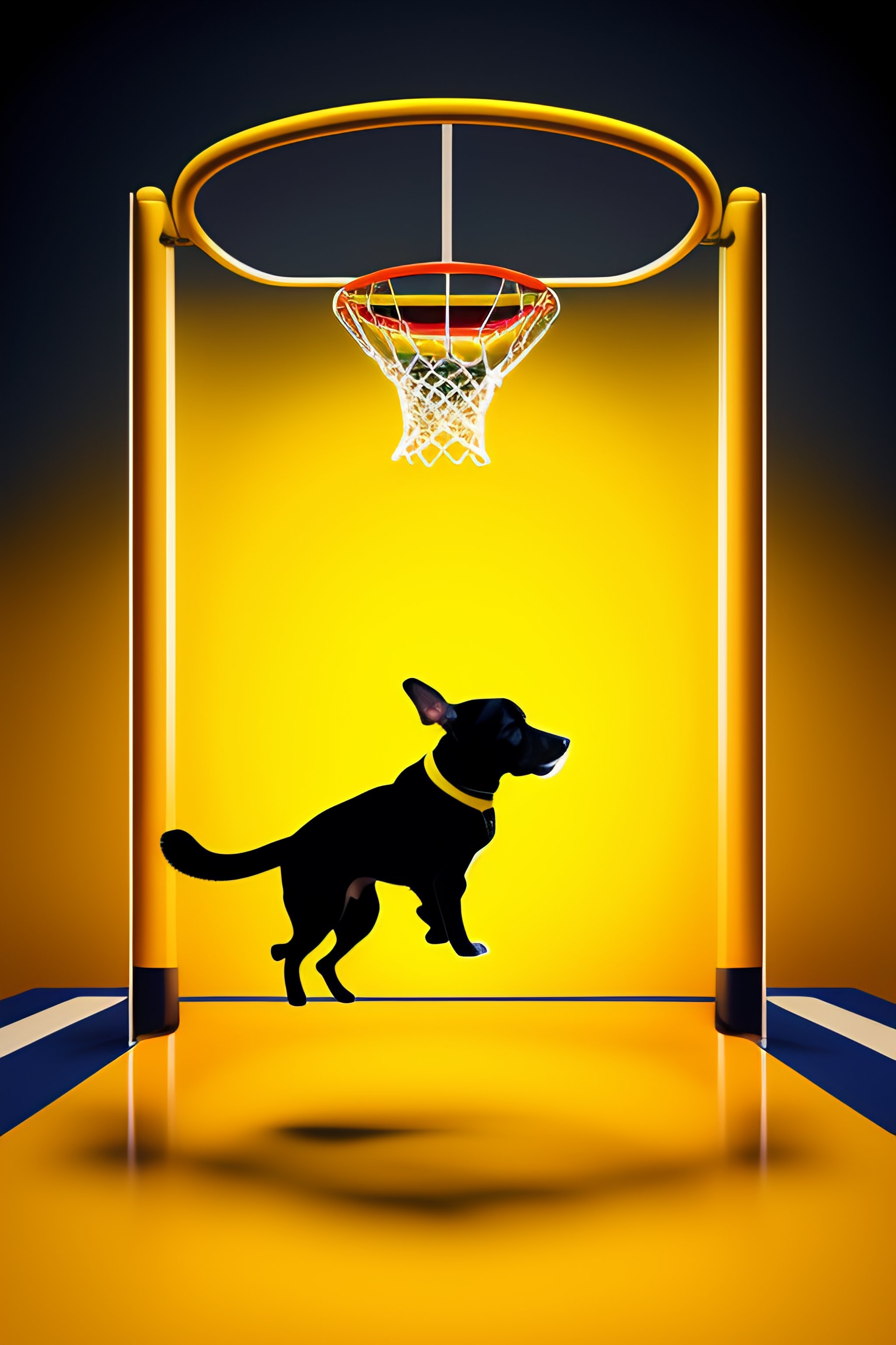 Lexica - Basketball dog basketball basket jump yellow background