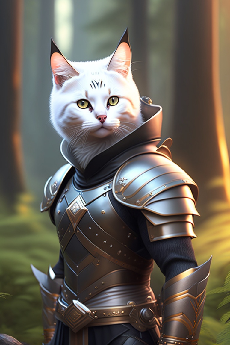 Lexica - 3d white cat, character fantasy, wearing black armor under a ...