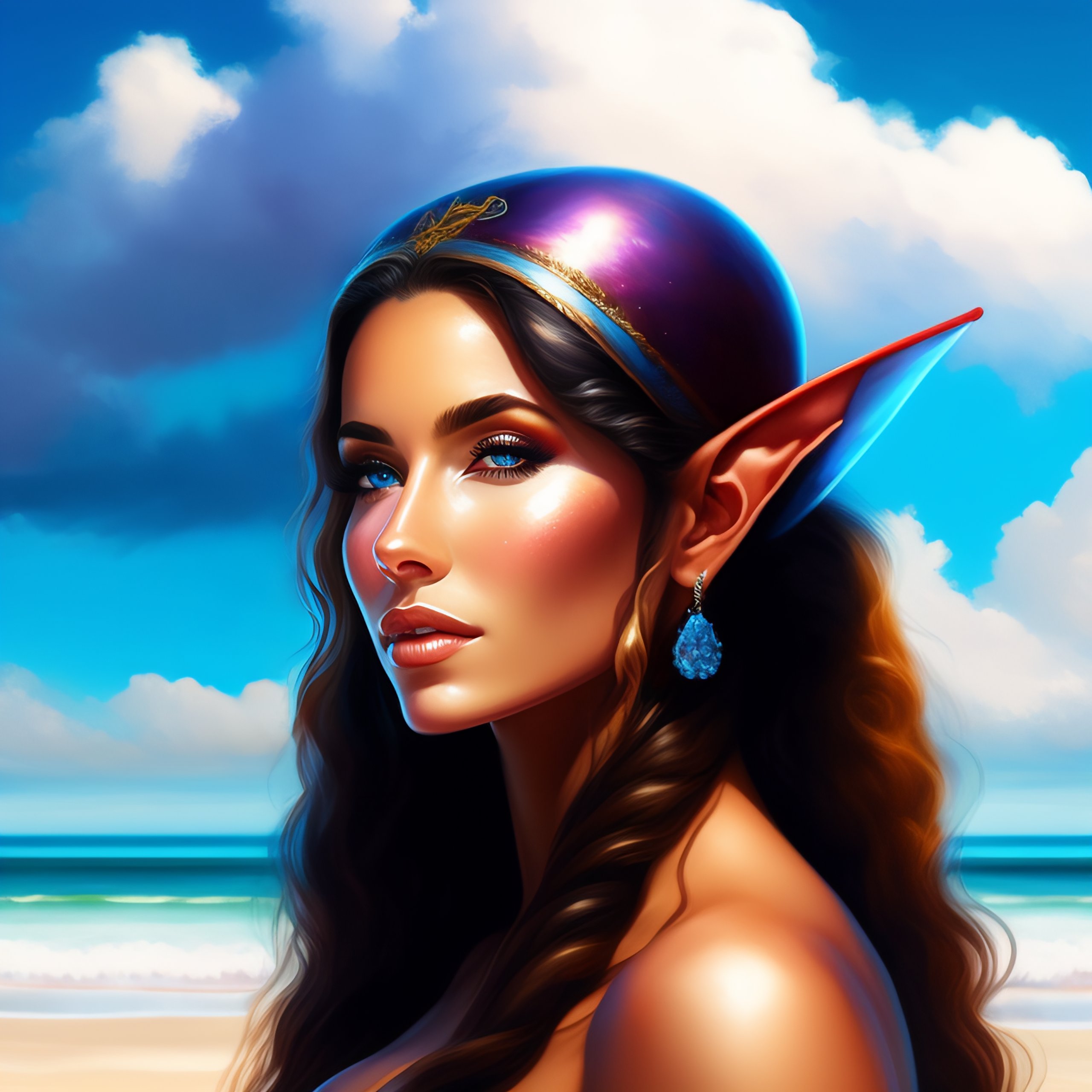 Lexica - Beautiful elf woman relaxing on a beach, stunning, big clouds ...