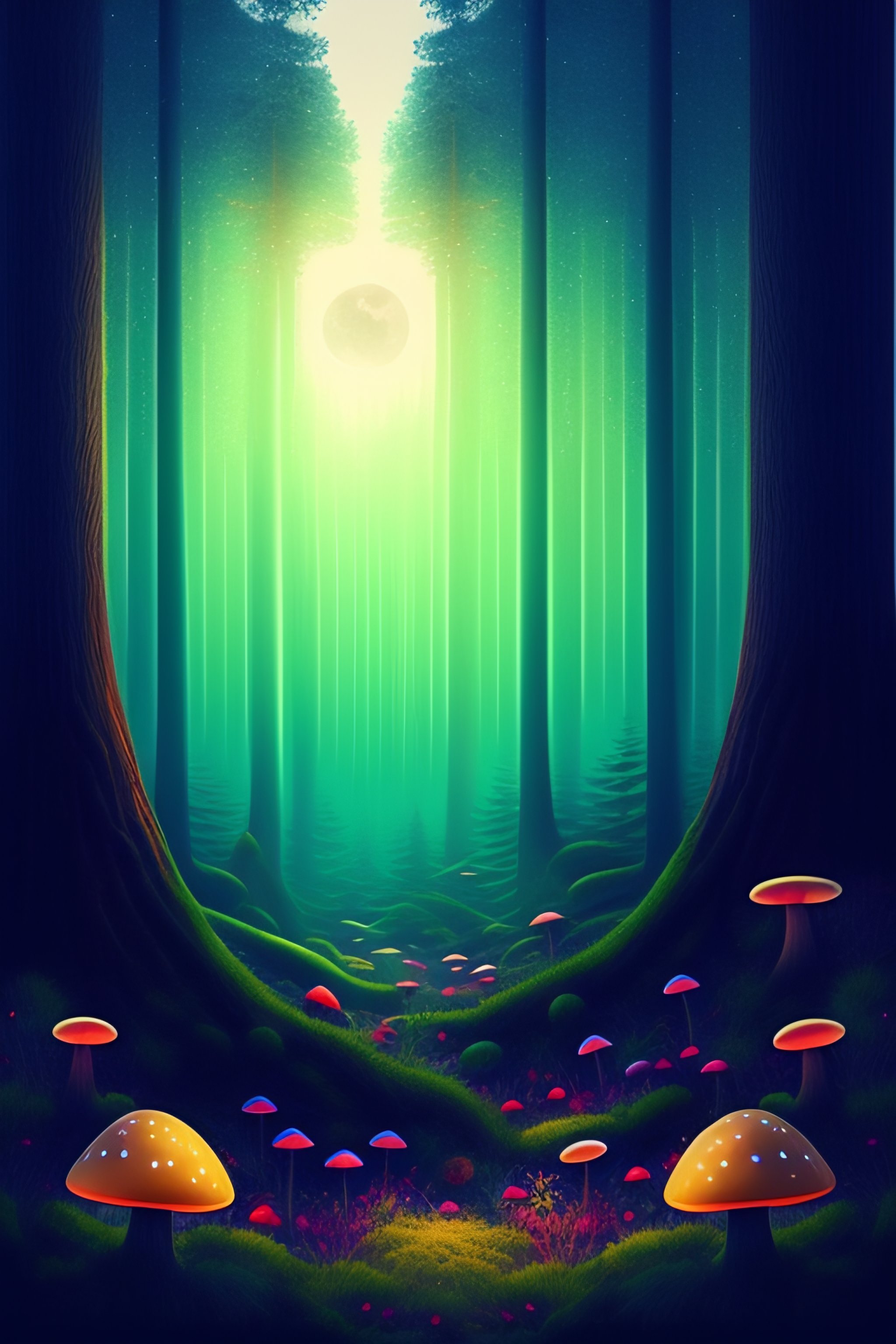 Lexica - Cosmic forest overgrown with mushrooms in the moonlight