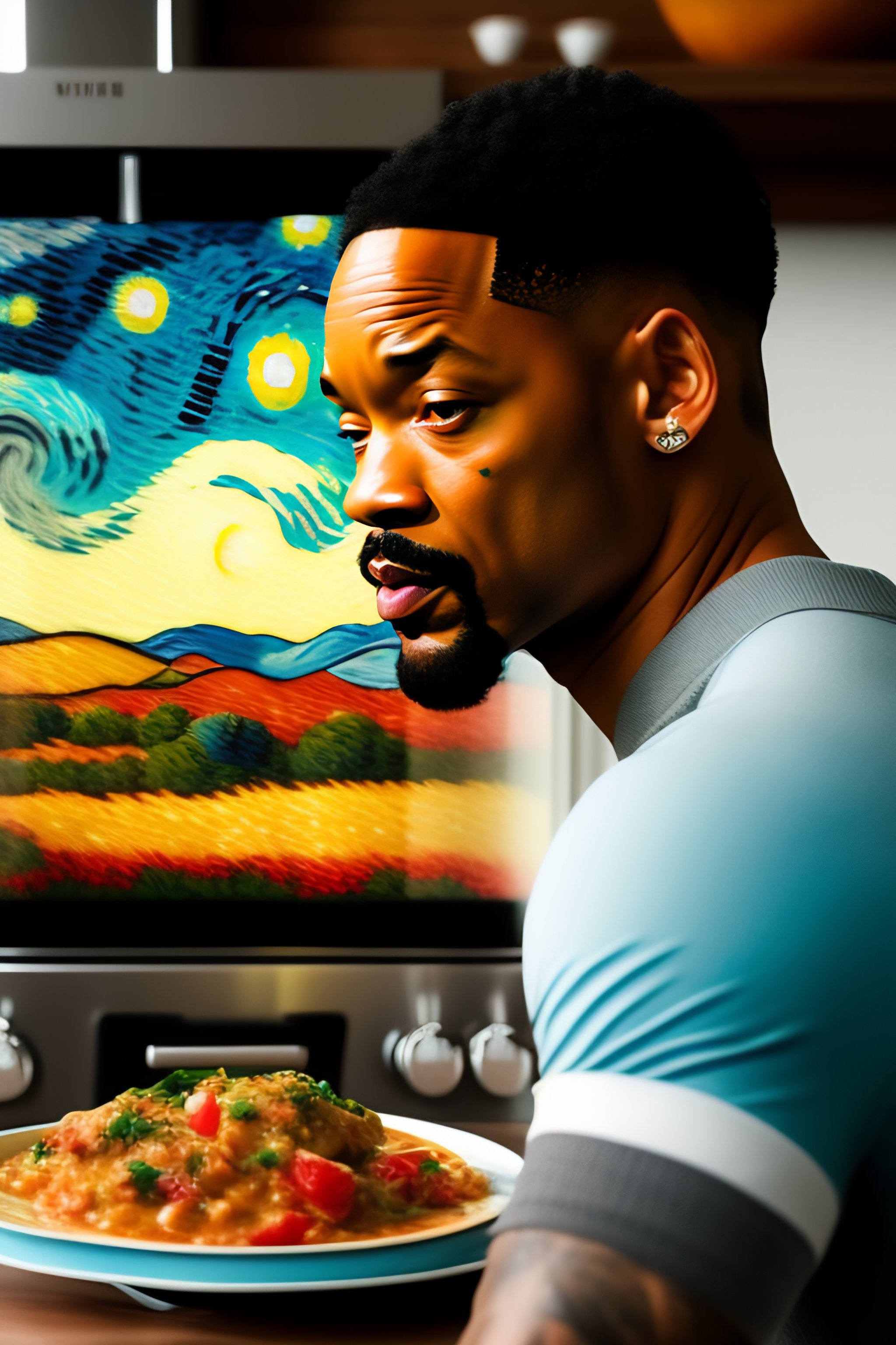 Lexica - A picture of Will Smith cooking as Van Gogh style